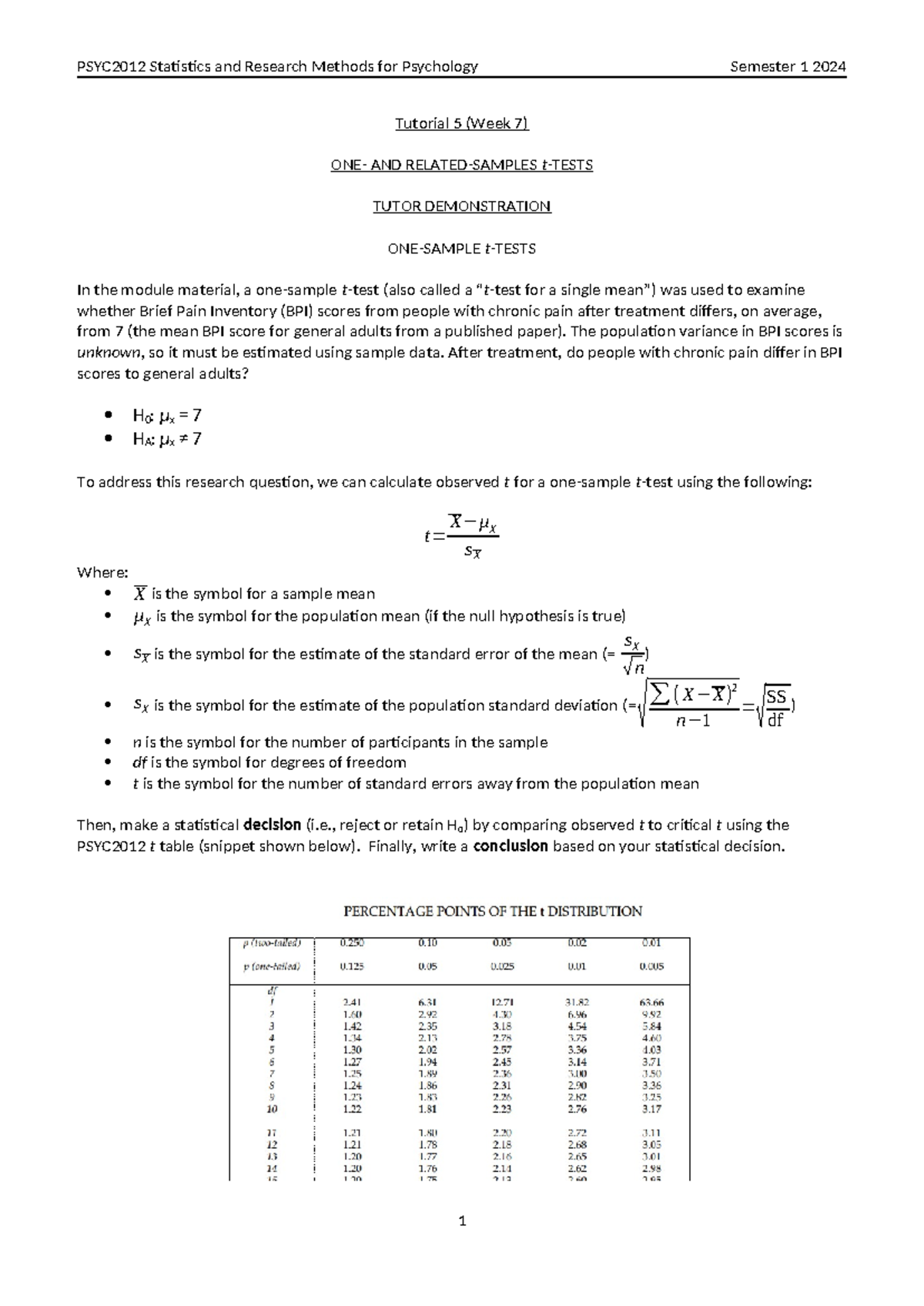 PSYC2012 Tutorial 5 2024 - Tutorial 5 (Week 7) ONE- AND RELATED-SAMPLES ...