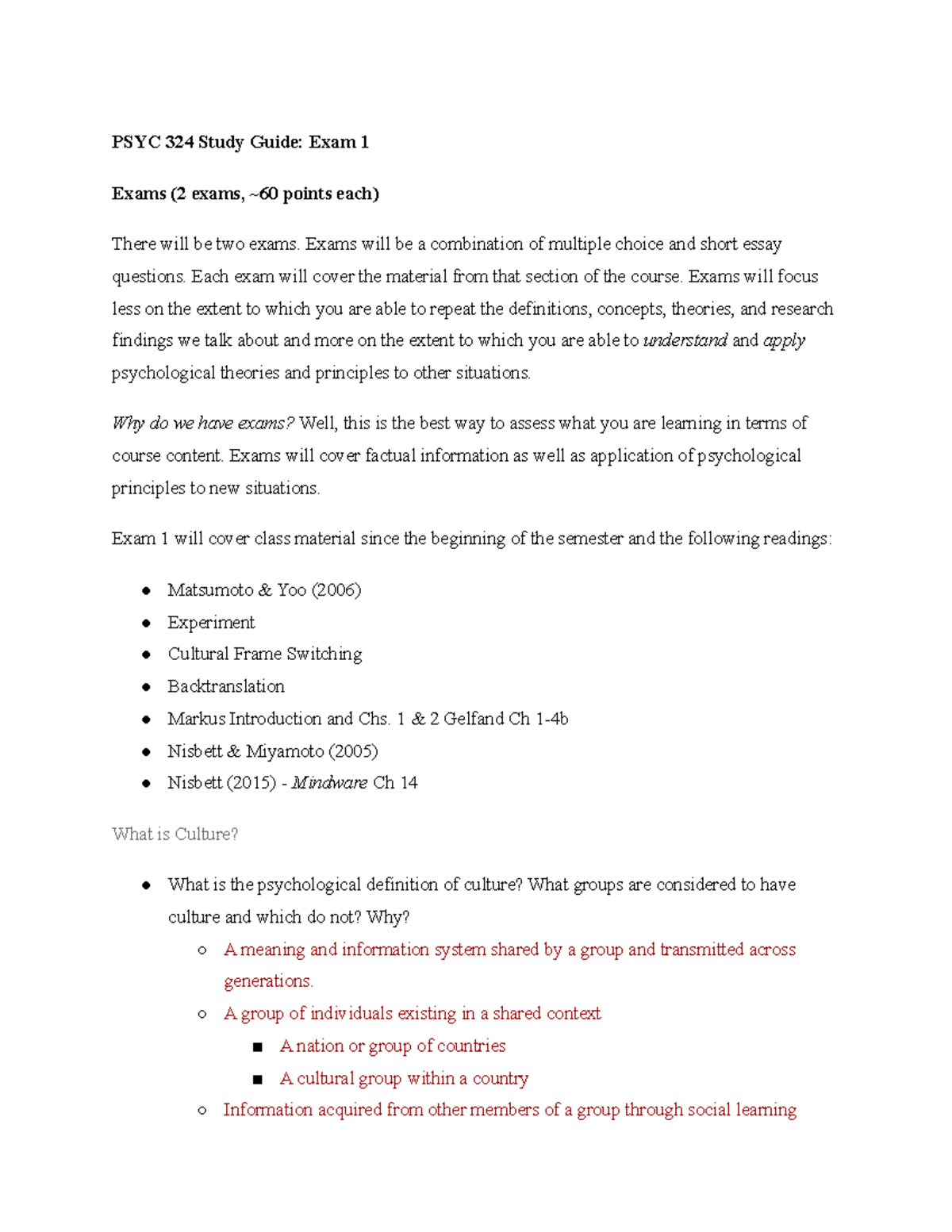 PSYC 324 Study Guide Exam 1 - PSYC 324 Study Guide: Exam 1 Exams (2 ...