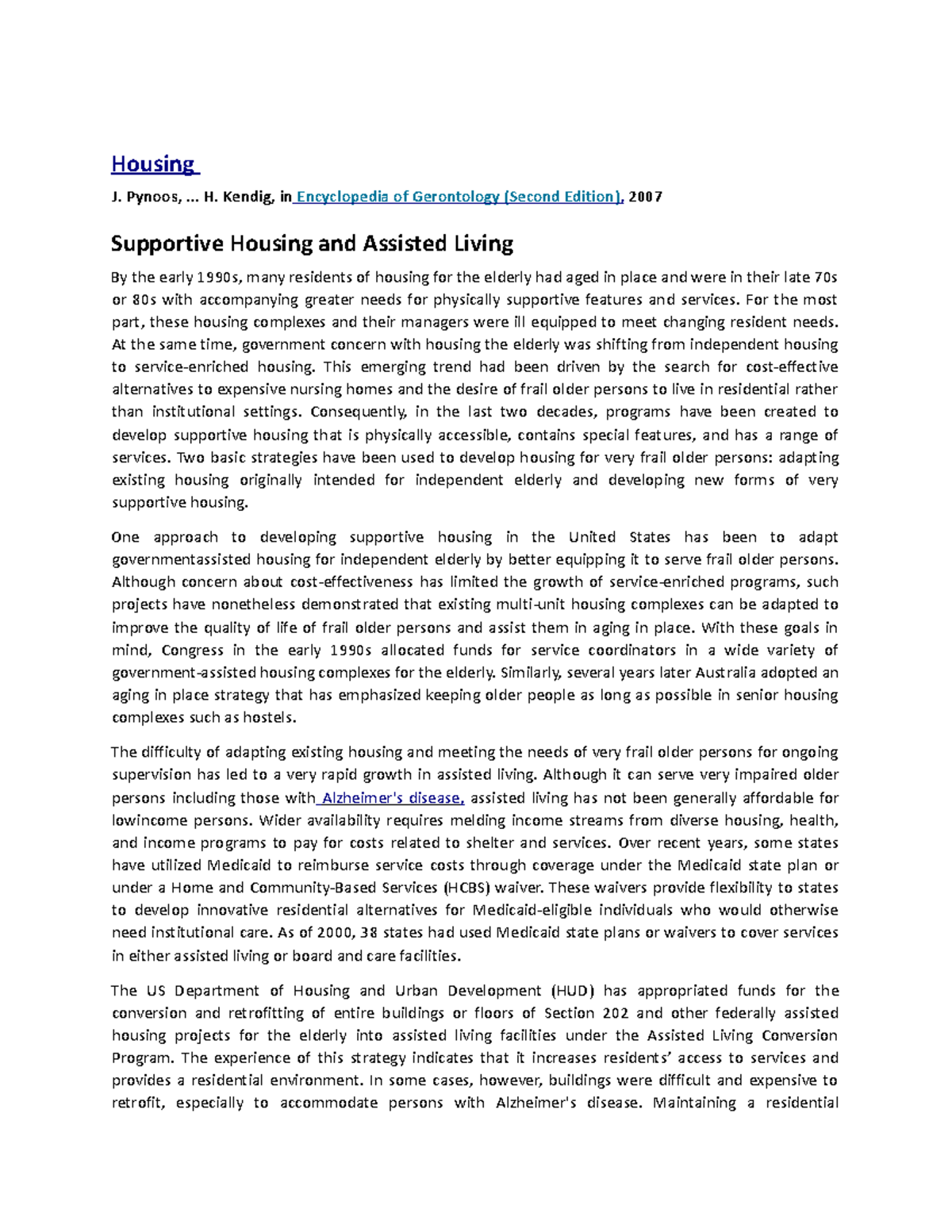 Home for The Aged Research Paper - Housing J. Pynoos, ... H. Kendig, in ...
