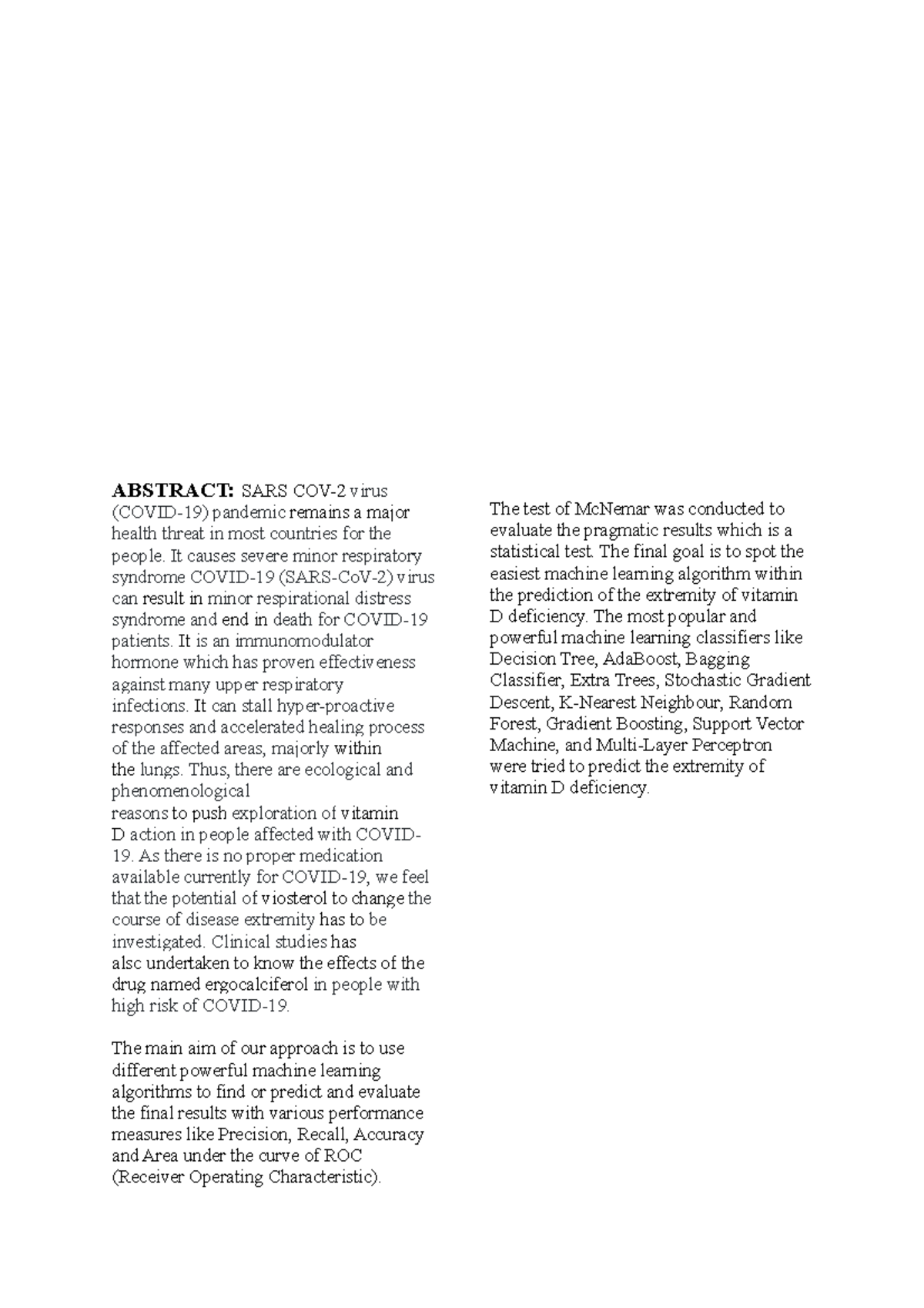 Research Paper (vit D and covid)-1 - ABSTRACT: SARS COV-2 virus (COVID ...