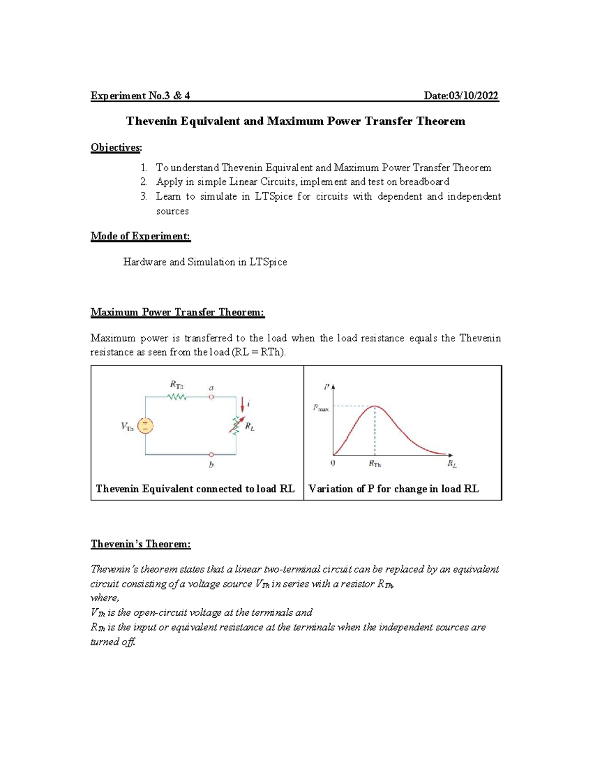 Ex3 4 Maximum Power Transfer - Experiment No & 4 Date:03/10/ Thevenin ...