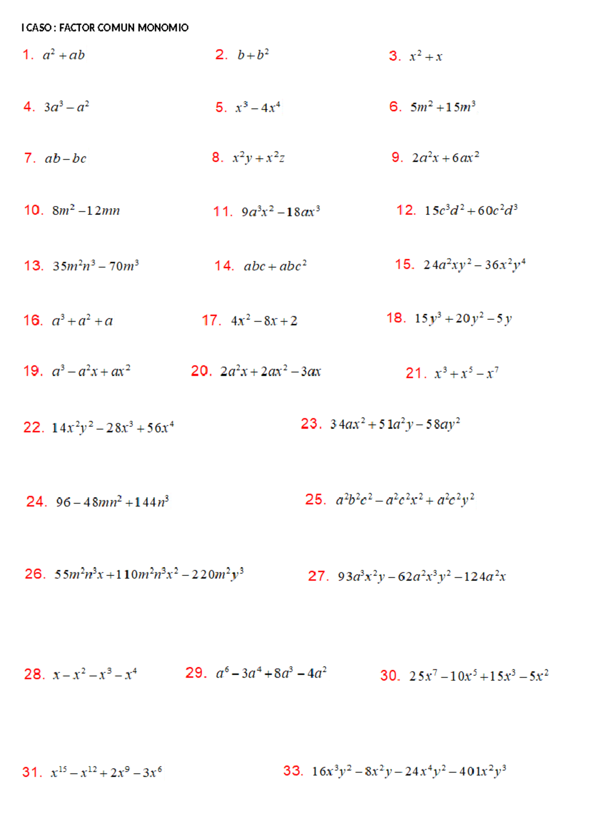 EJERCICIOS DE FACTORIZACION CON RESPUESTAS MULTIPLES - Matemática - I ...
