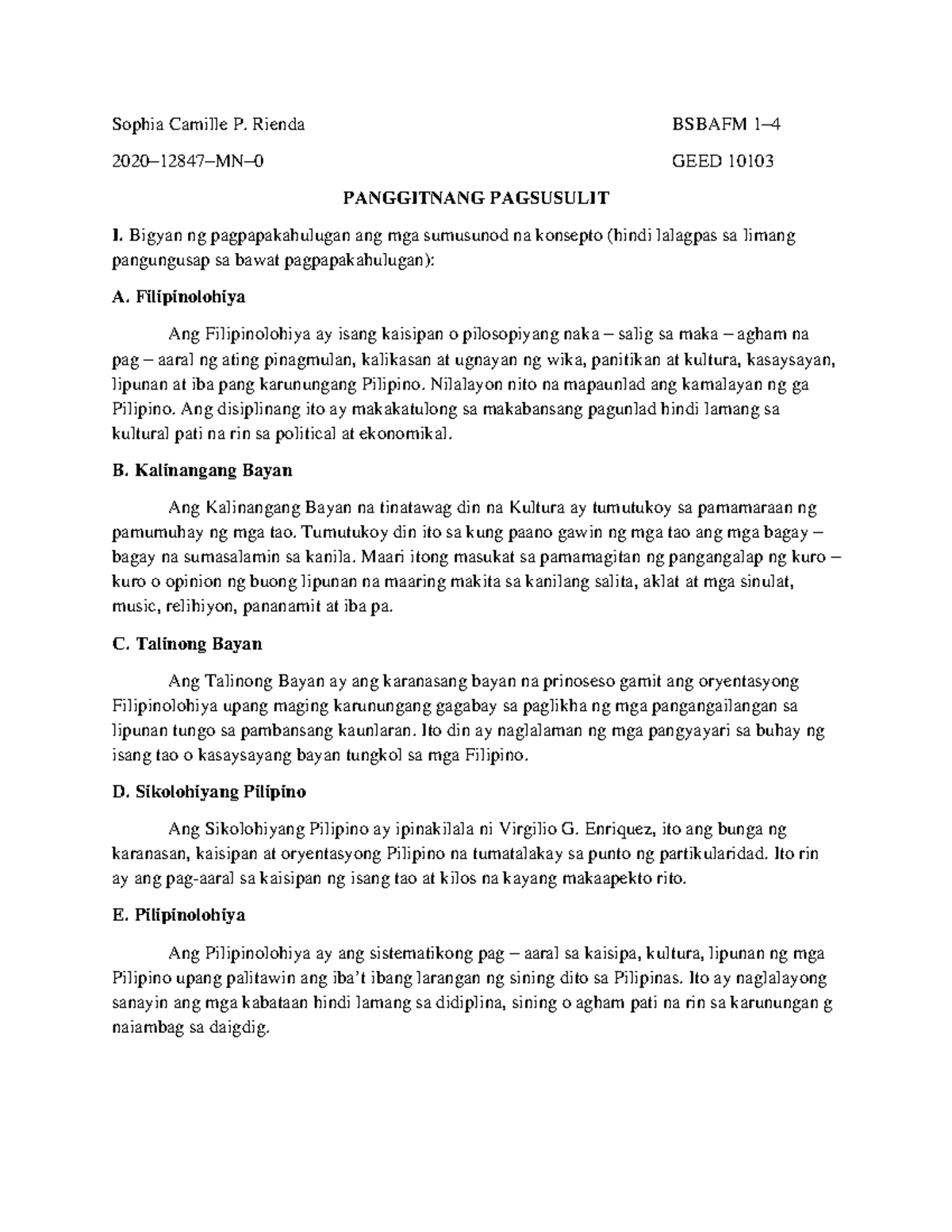 Rienda, Sophia Camille, Bsbafm 1-4 Panggitnang Pagsusulit - Sophia ...