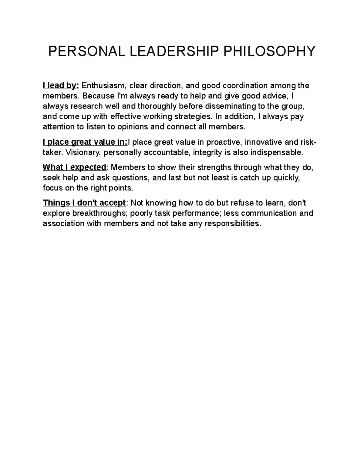Personal Leadership Philosophy - Assigment - PERSONAL LEADERSHIP ...