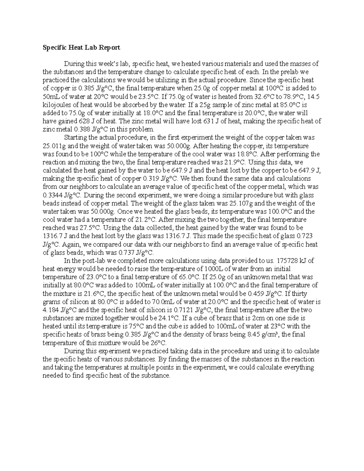 Specific Heat Lab Report - Specific Heat Lab Report During this week’s ...