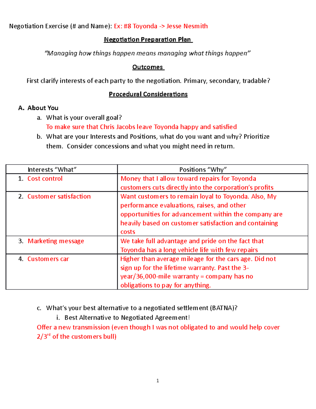 Ex #8 Toyoanda - Negotiation Exercise (# and Name): Ex: #8 Toyonda ...