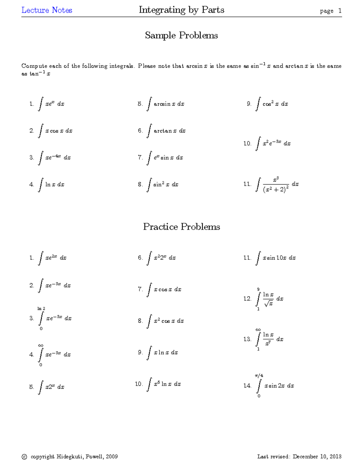 Parts - IBP methods of intergration - Sample Problems Compute each of ...