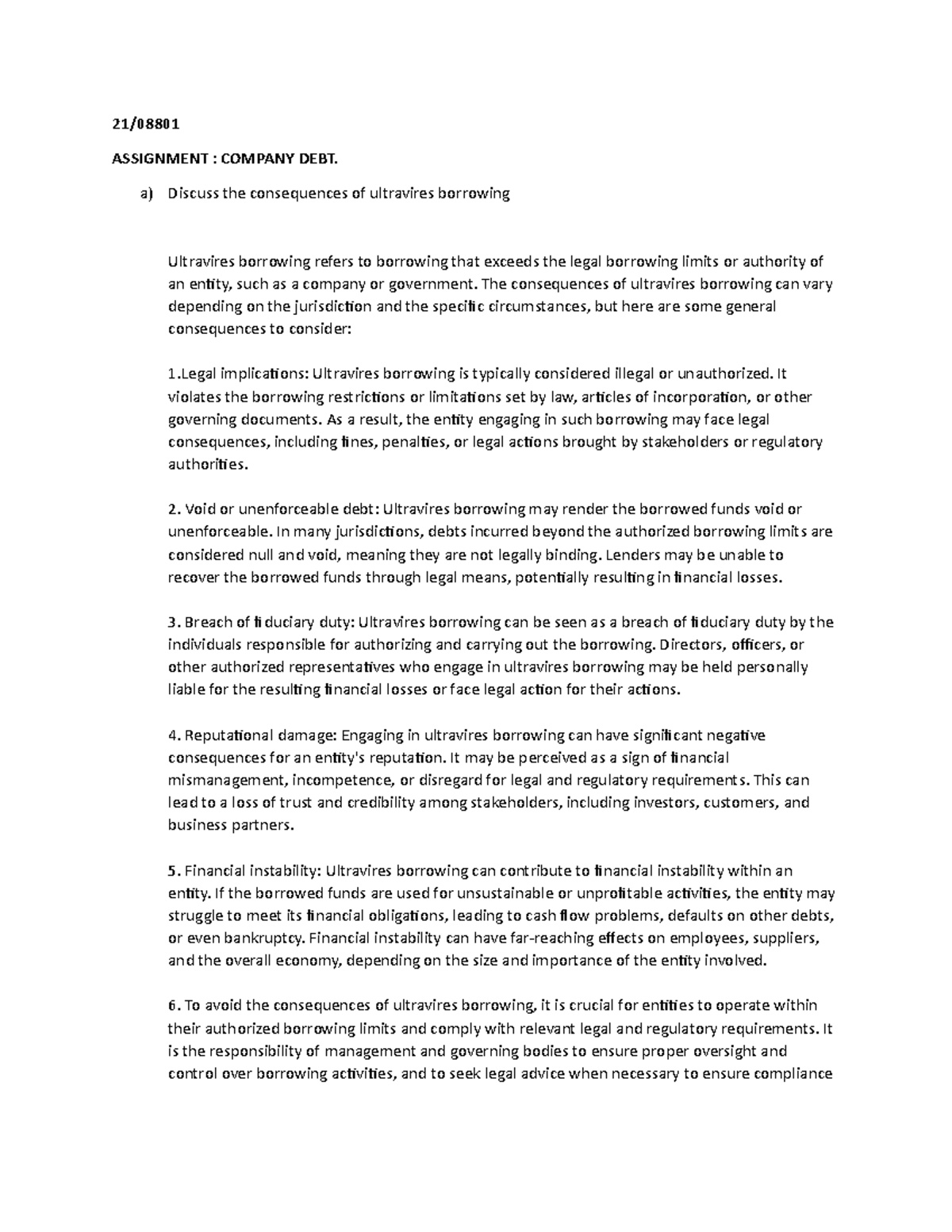 Document - Bcom - 21/ ASSIGNMENT : COMPANY DEBT. a) Discuss the consequences of ultravires ...