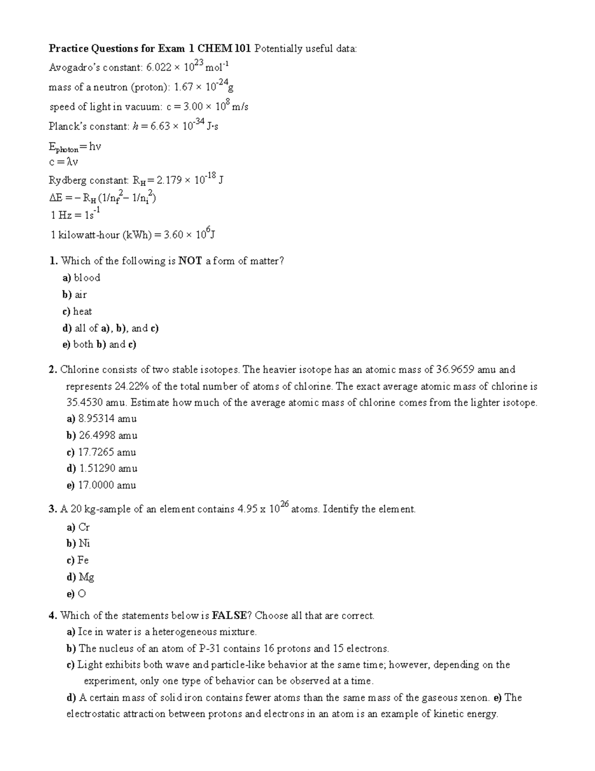 Practice Questions Exam 1 101 F20 - Practice Questions for Exam 1 CHEM 101 Potentially useful ...