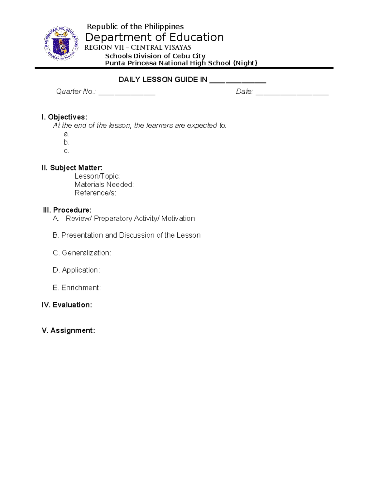 Template for daily lesson guide school level 2024 2025 - Republic of ...