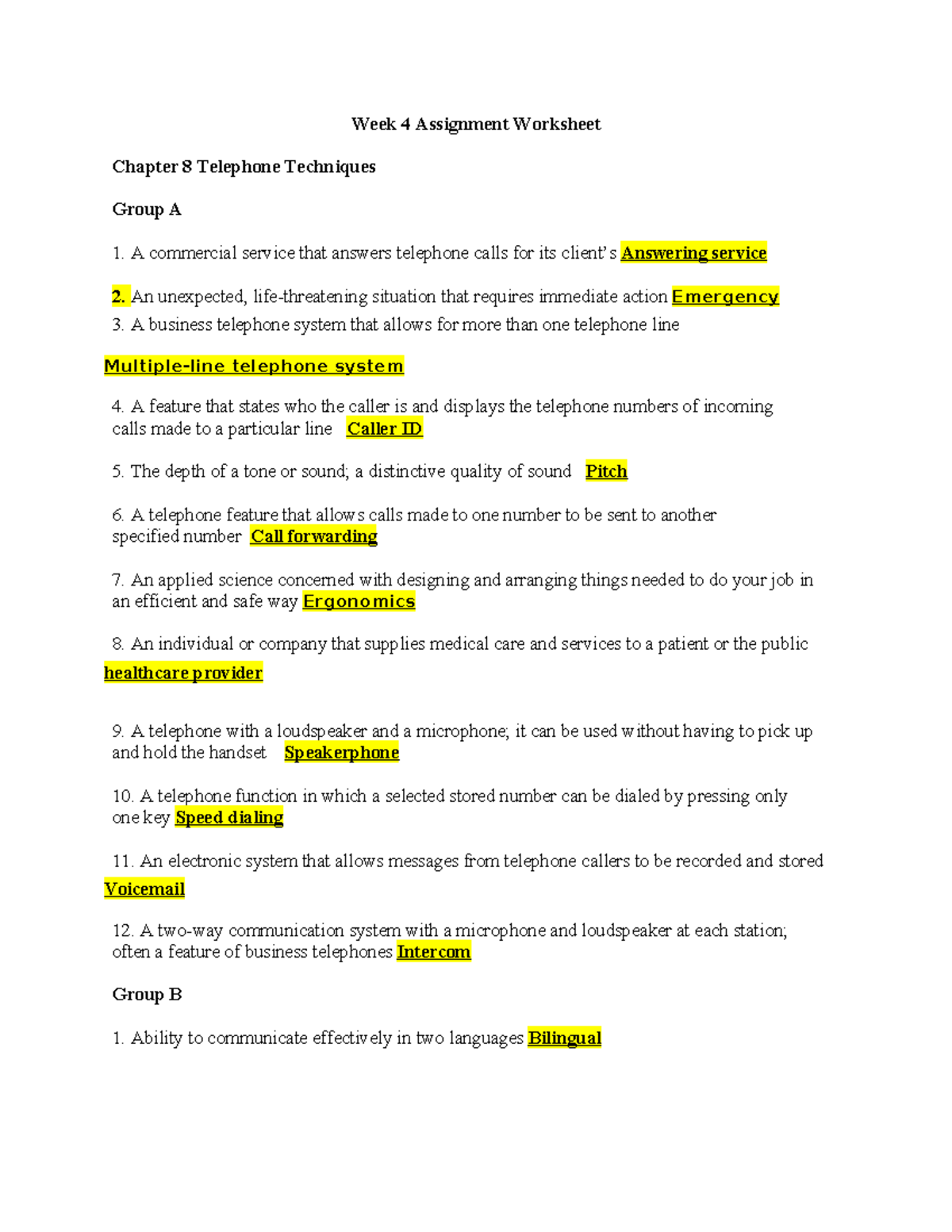 Week 4 Assignment Worksheet - Week 4 Assignment Worksheet Chapter 8 Telephone Techniques Group A ...