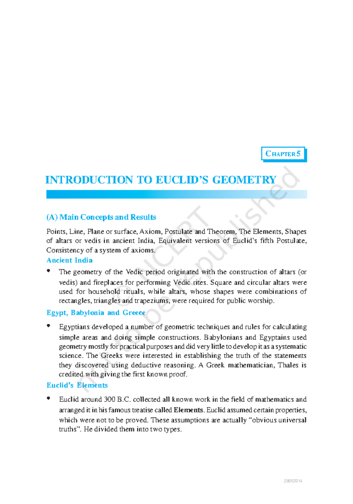INTRODUCTION TO EUCLID'S GEOMETRY - (A) Main Concepts and Results Points, Line, Plane or surface ...