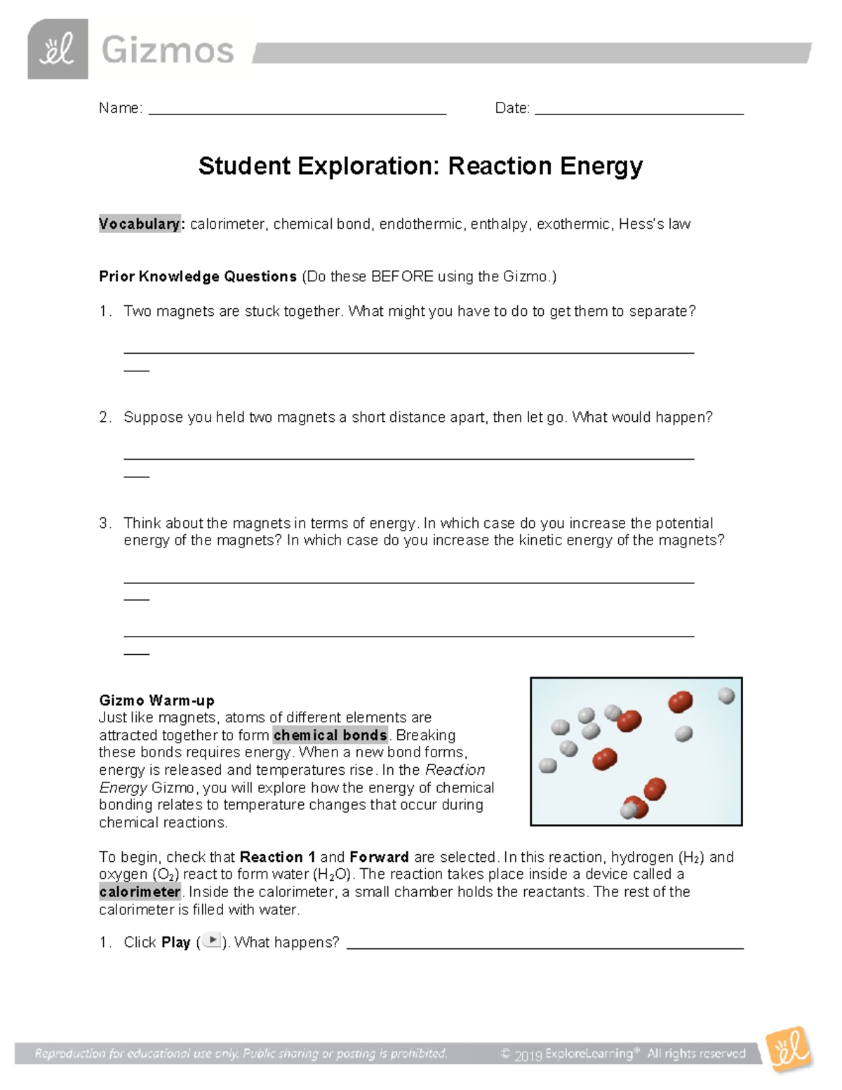 Reaction Energy SE - Name: Date: Student Exploration: Reaction Energy ...