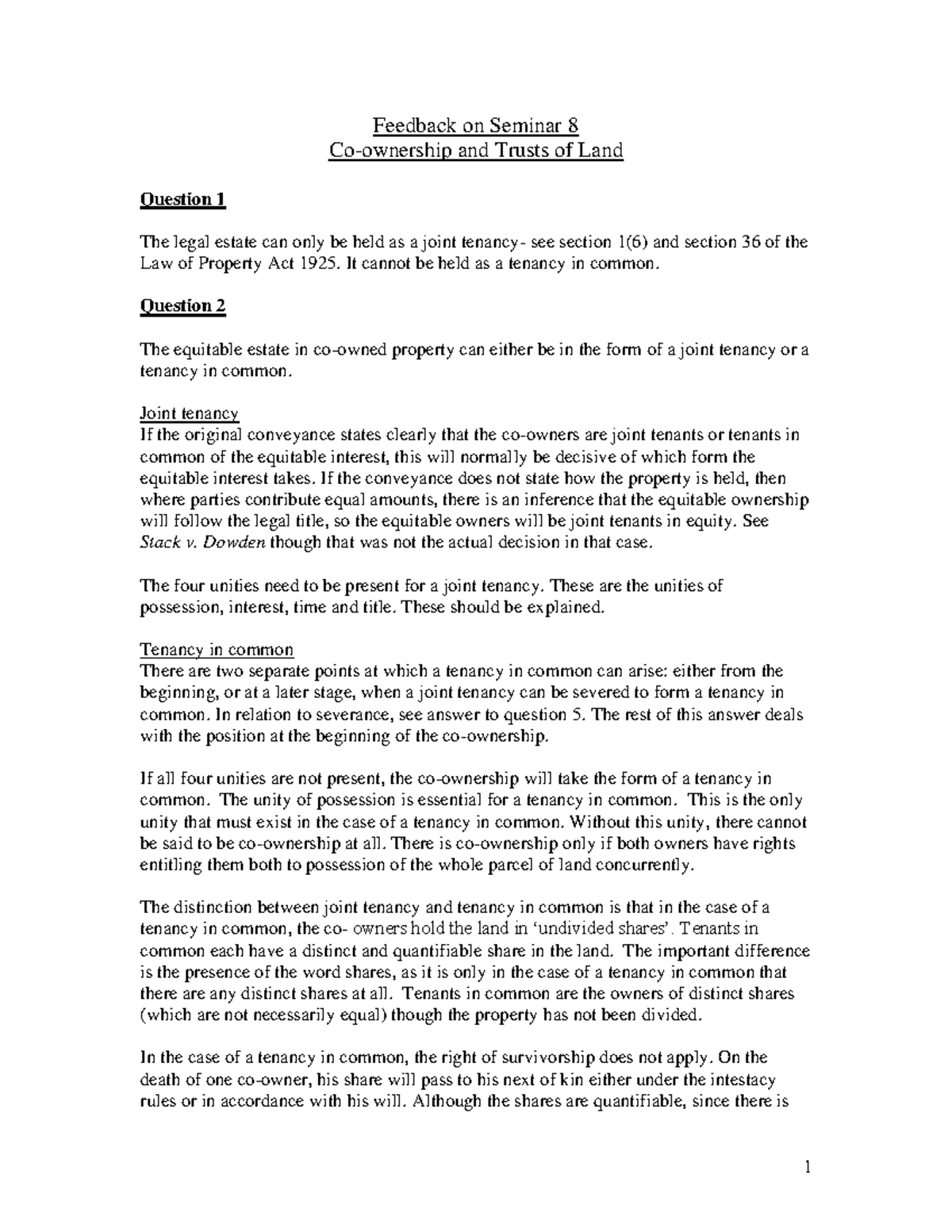 Co-ownership seminar 8 - Feedback on Seminar 8 Co-ownership and Trusts ...