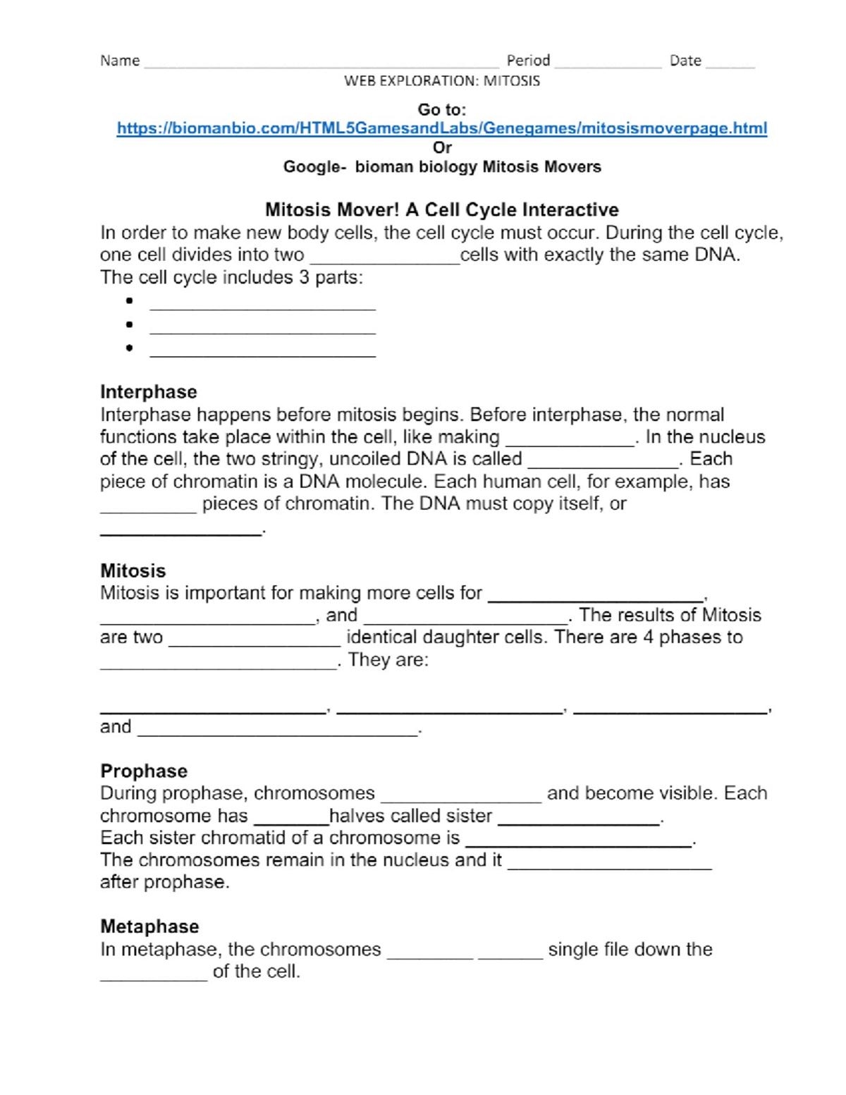 Mitosis Bioman - Name Period Date WEB EXPLORATION: MITOSIS Go to: Or ...