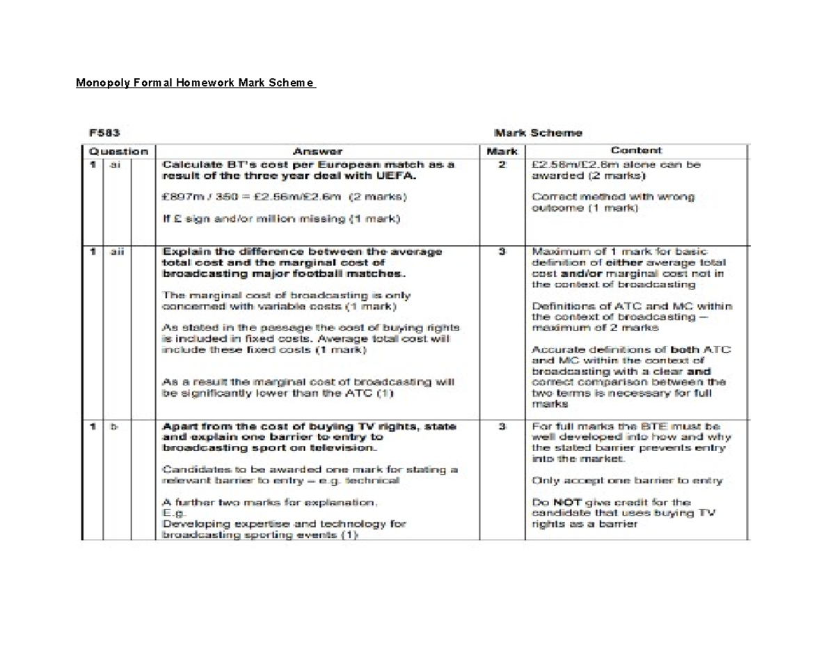 HW3 Micro Monopoly Formal Homework Mark Scheme - Monopoly Formal ...