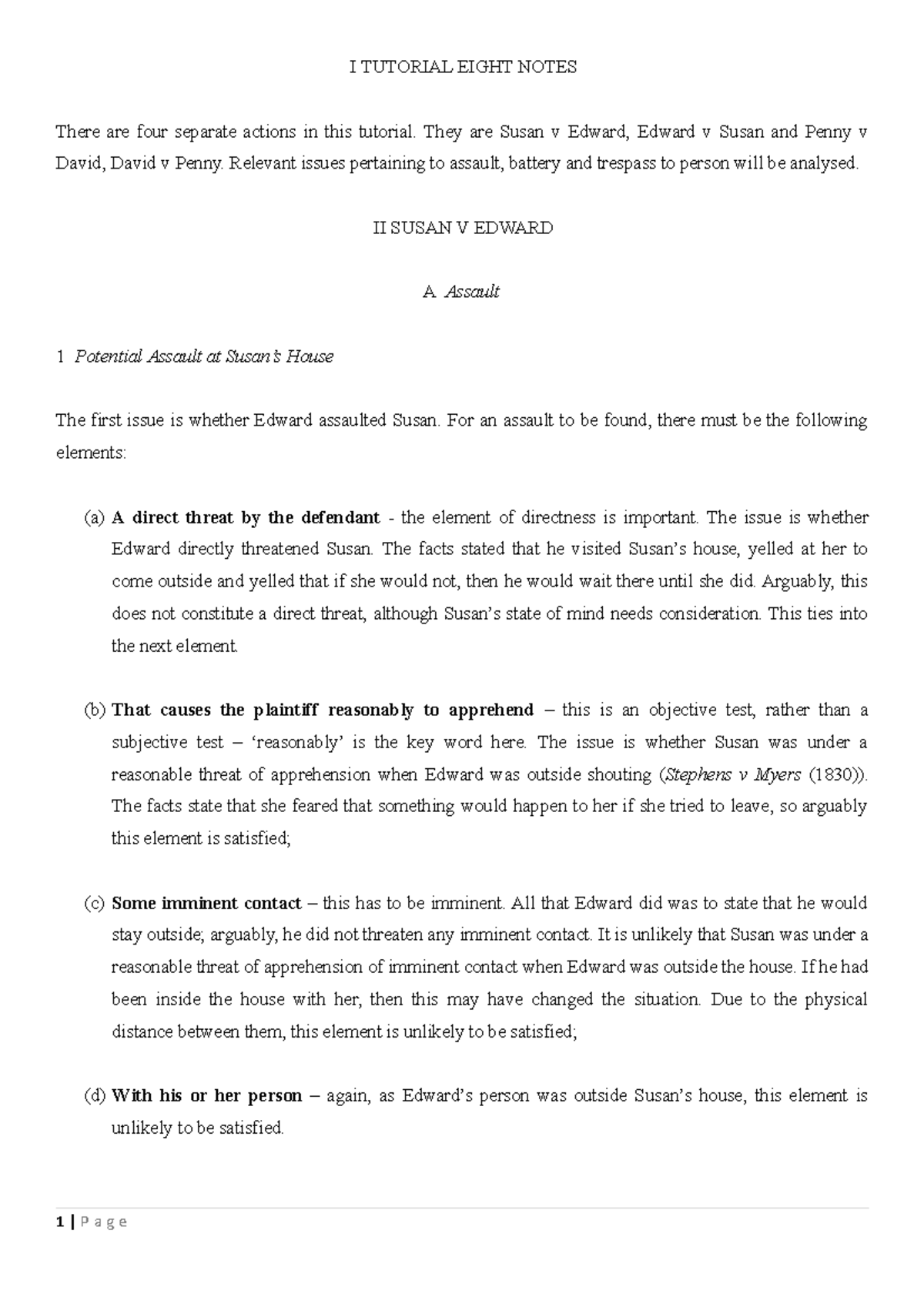 LAW131 T3 2021 Tutorial Eight Guidance Notes - I TUTORIAL EIGHT NOTES ...
