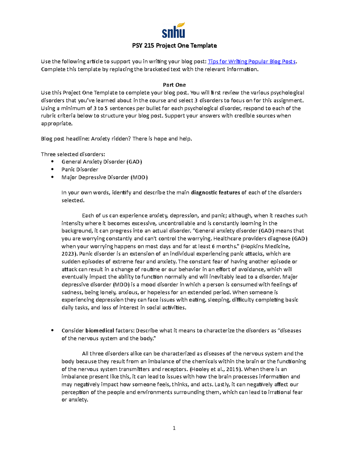 PSY 215 Project One - Assignments from abnormal psychology - PSY 215 ...