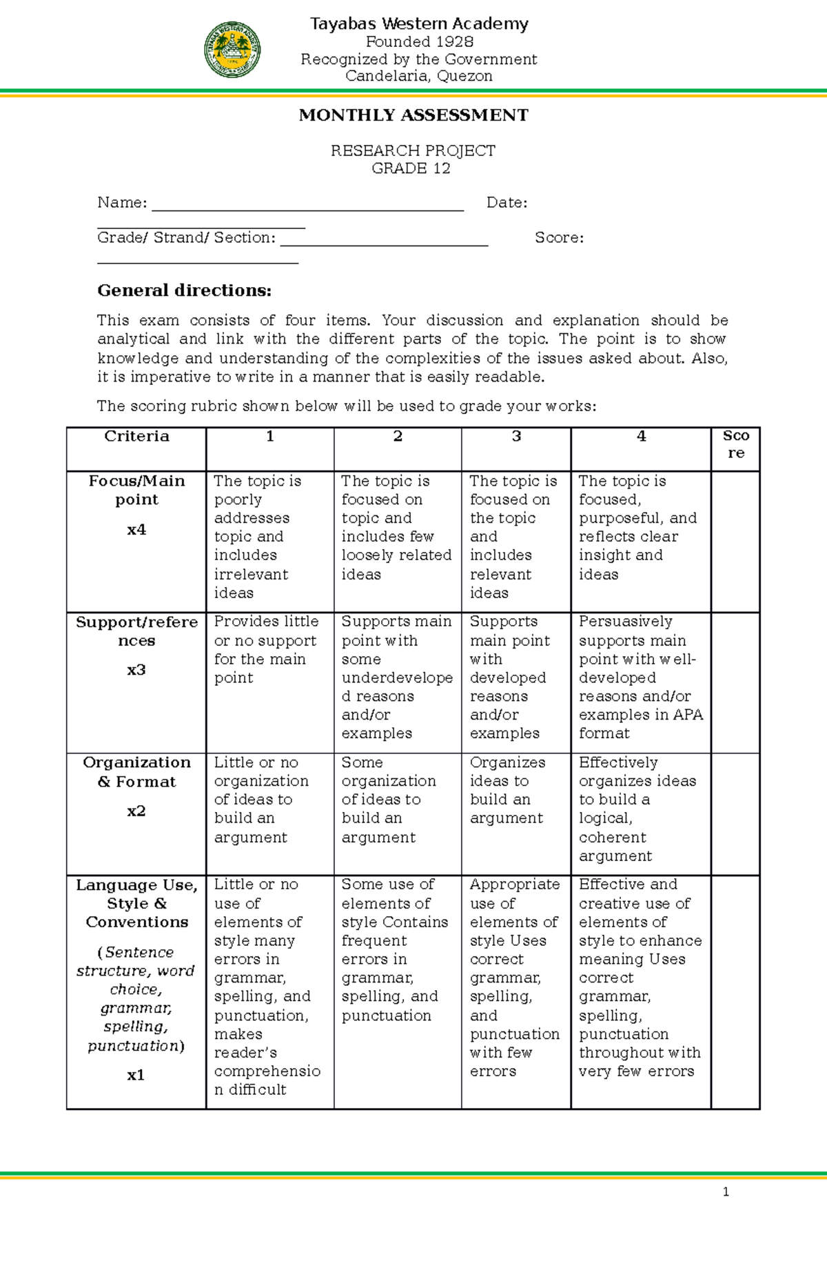 EXAM RP Prelim - Lecture notes 2 - MONTHLY ASSESSMENT RESEARCH PROJECT ...