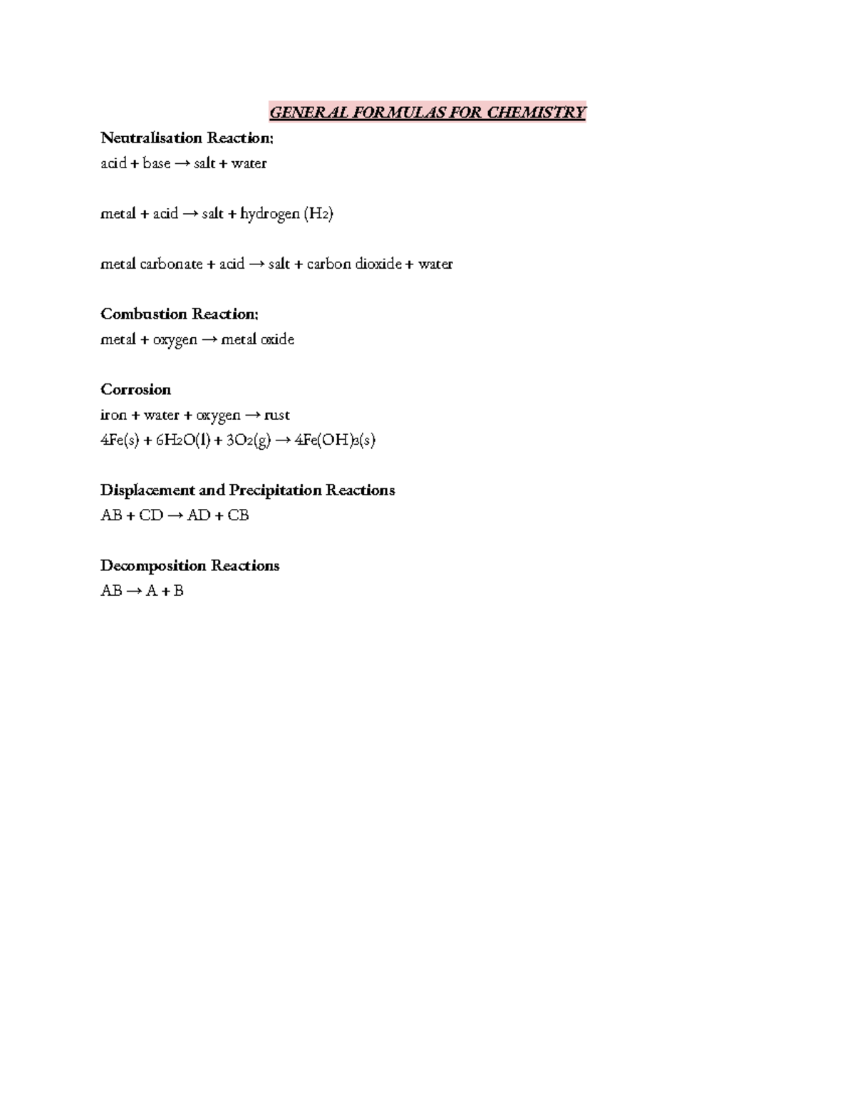 General Formulas for Chemistry - SCIE1000 - GENERAL FORMULAS FOR ...