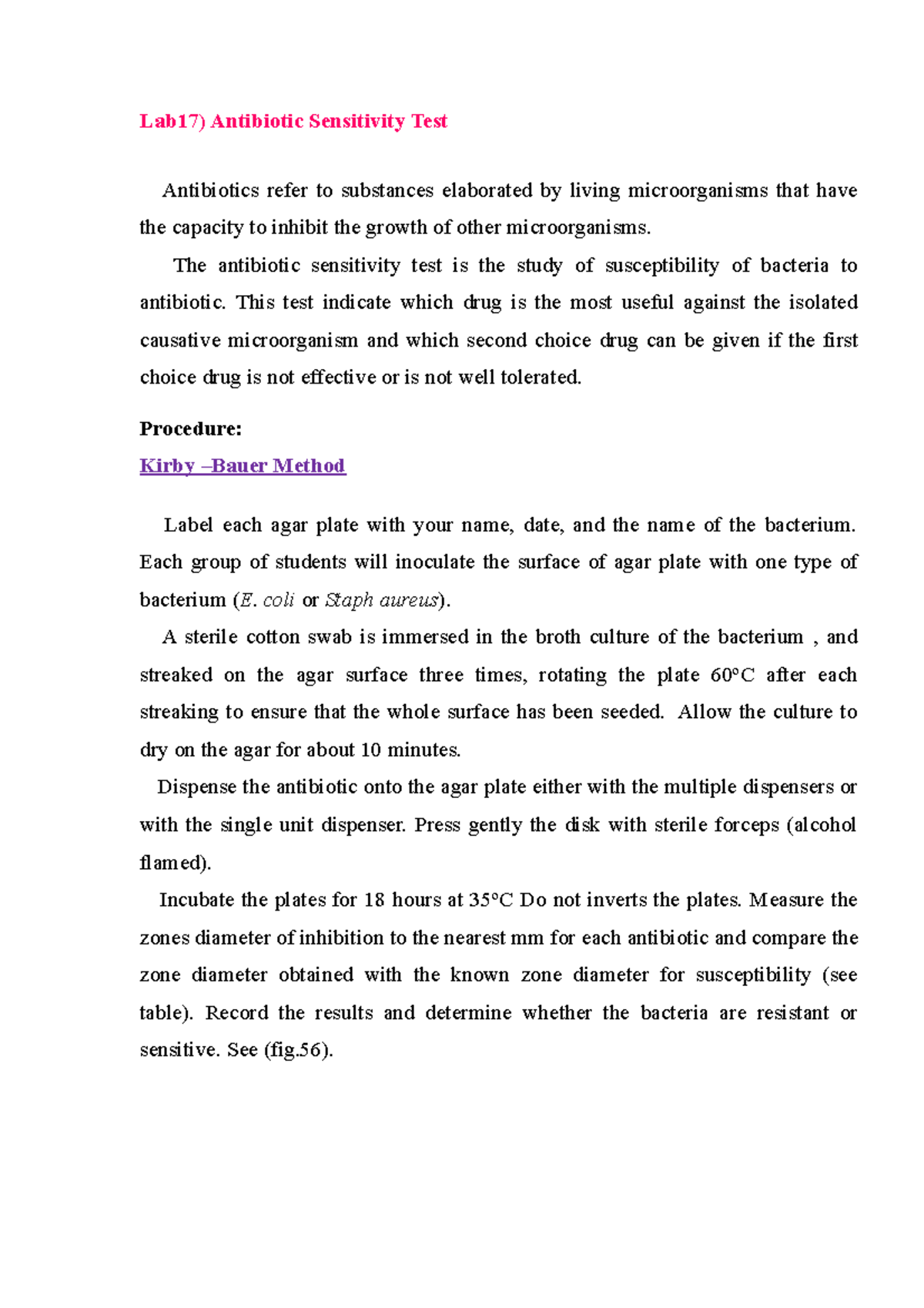 Lab17=Antibiotic Sensitivity Test - Lab17) Antibiotic Sensitivity Test ...