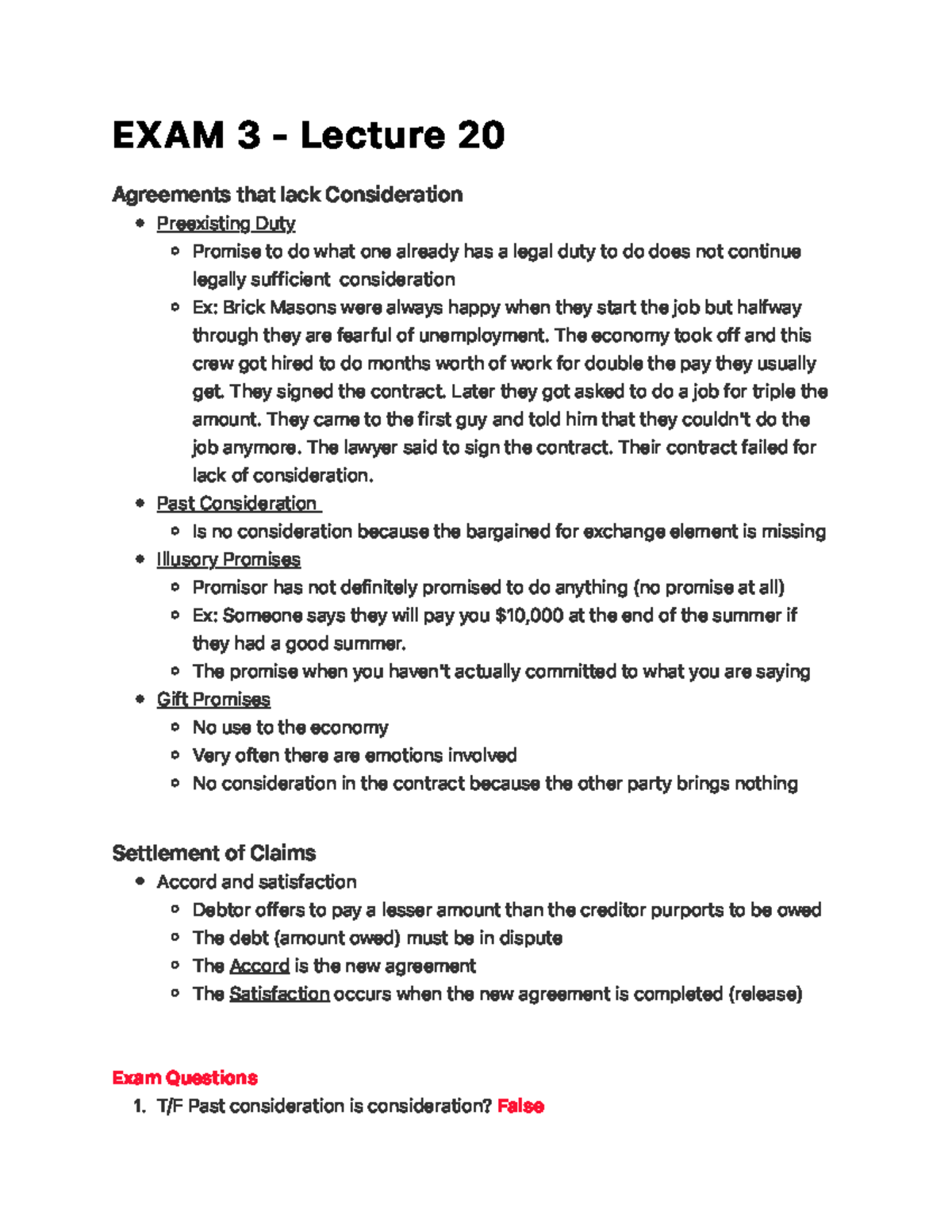 EXAM 3 - Lecture 20 - E X A M 3 - Le c t u re 2 0 Agreements that lack ...