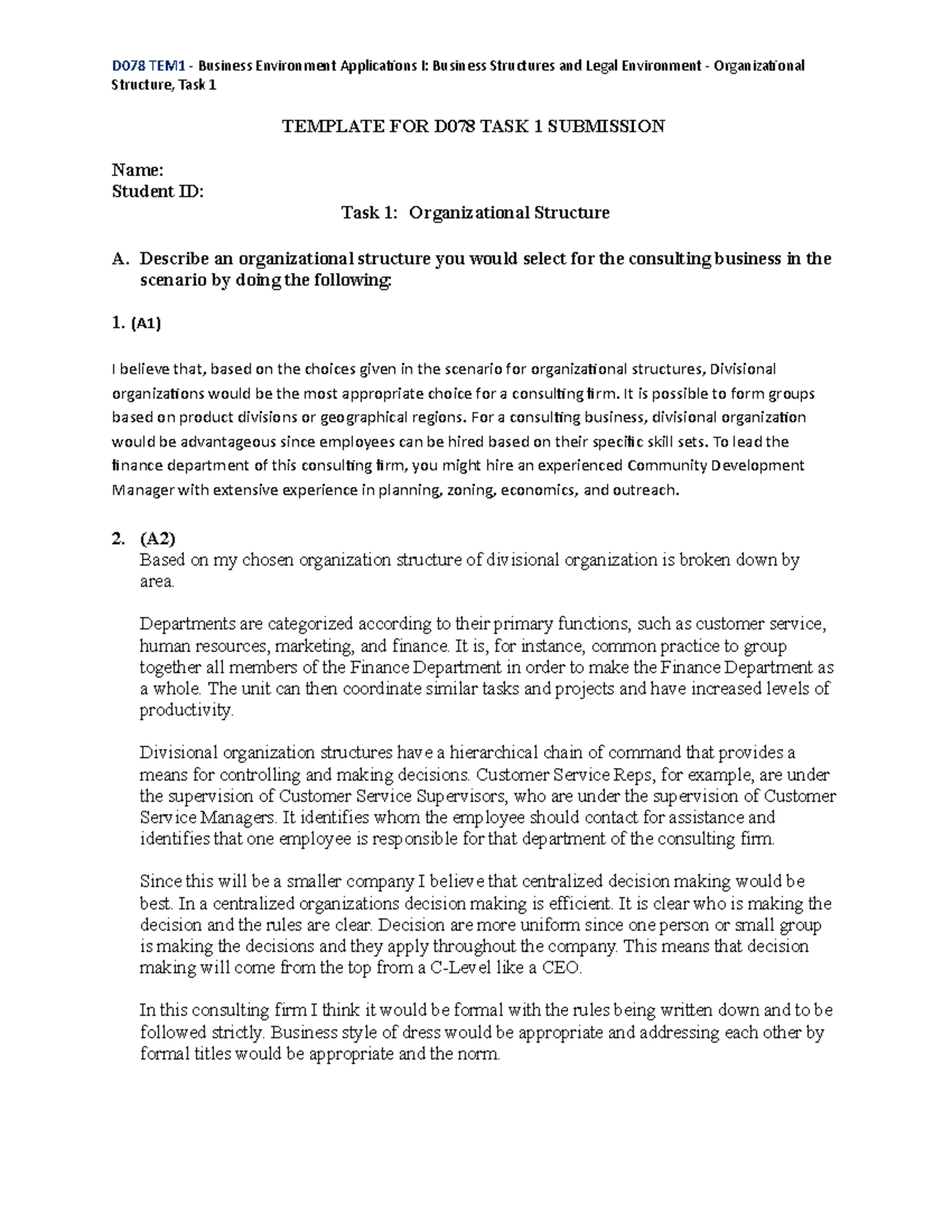 D078 - Task 1 Template (2) (1) - D078 TEM1 - Business Environment ...