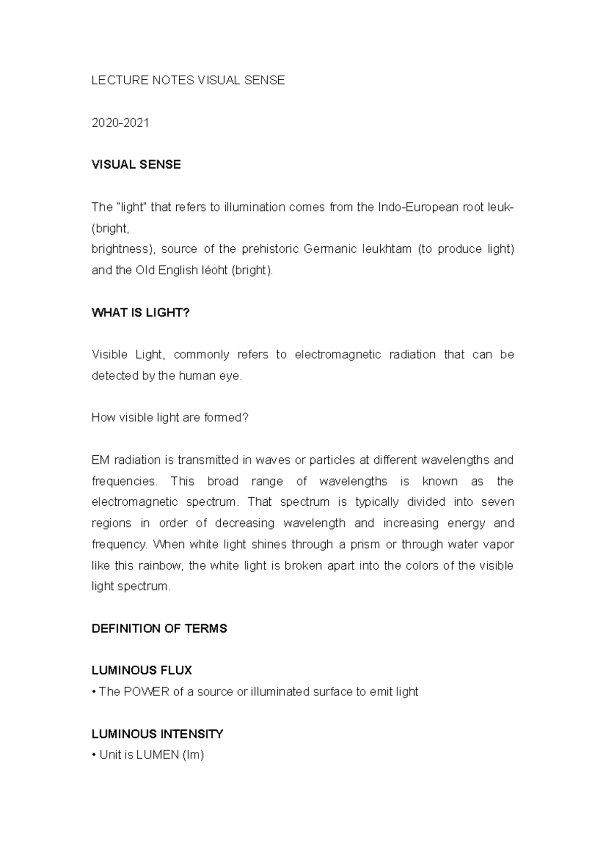 Lecture Notes Visual Sense - LECTURE NOTES VISUAL SENSE 2020- VISUAL ...