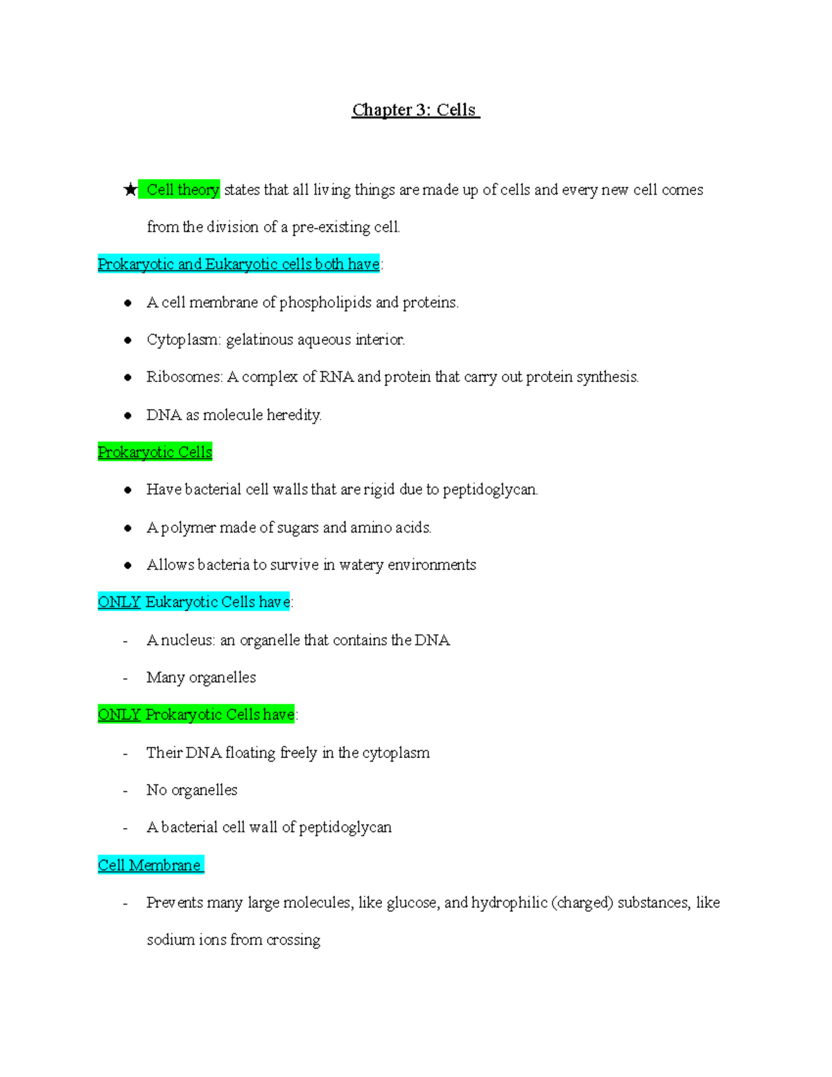 Chapter 3 Cells - Lecture notes 3 - Chapter 3: Cells ★ Cell theory ...