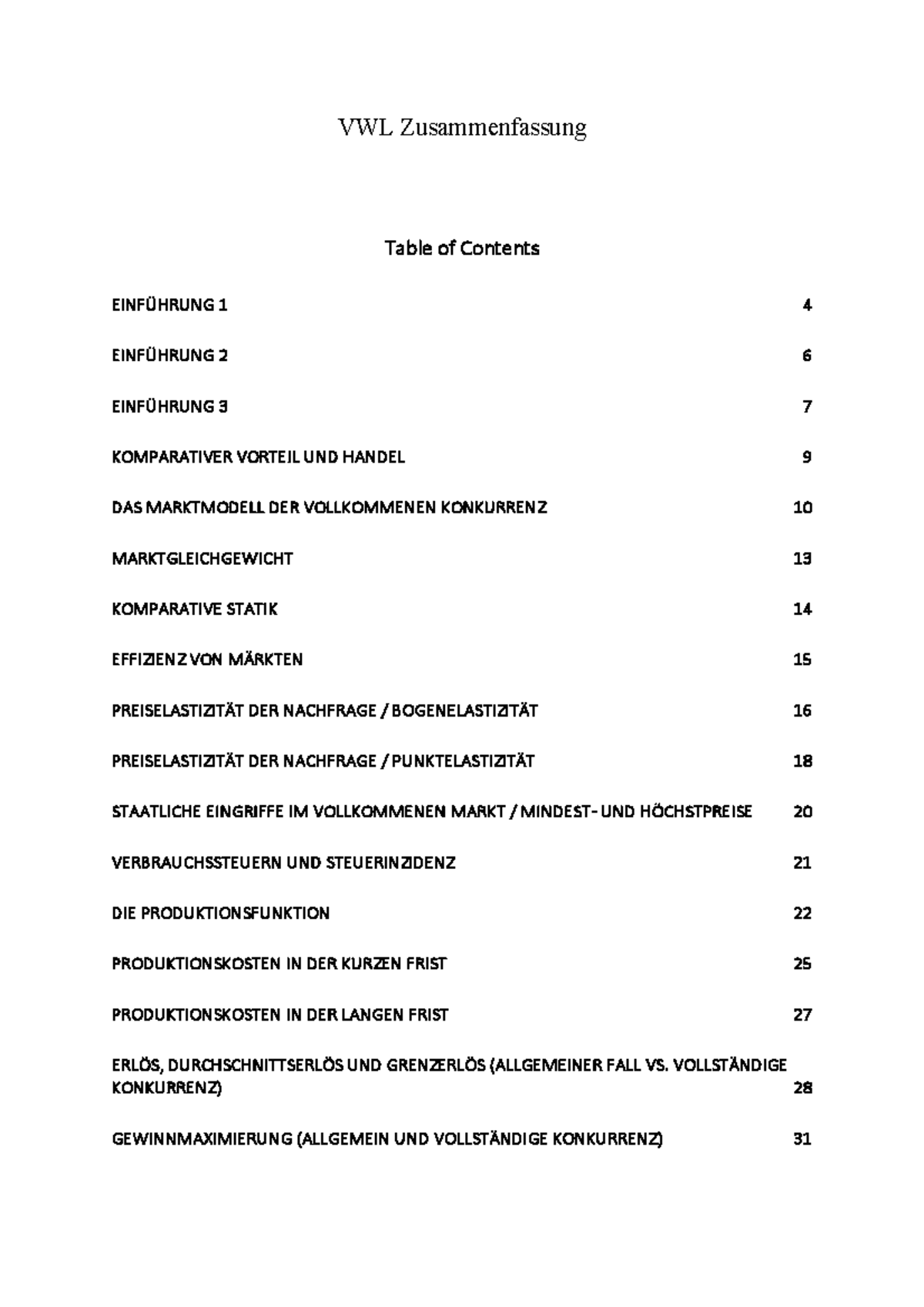 VWL Zusammenfassung Vol - VWL Zusammenfassung EINFÜHRUNG Table of ...