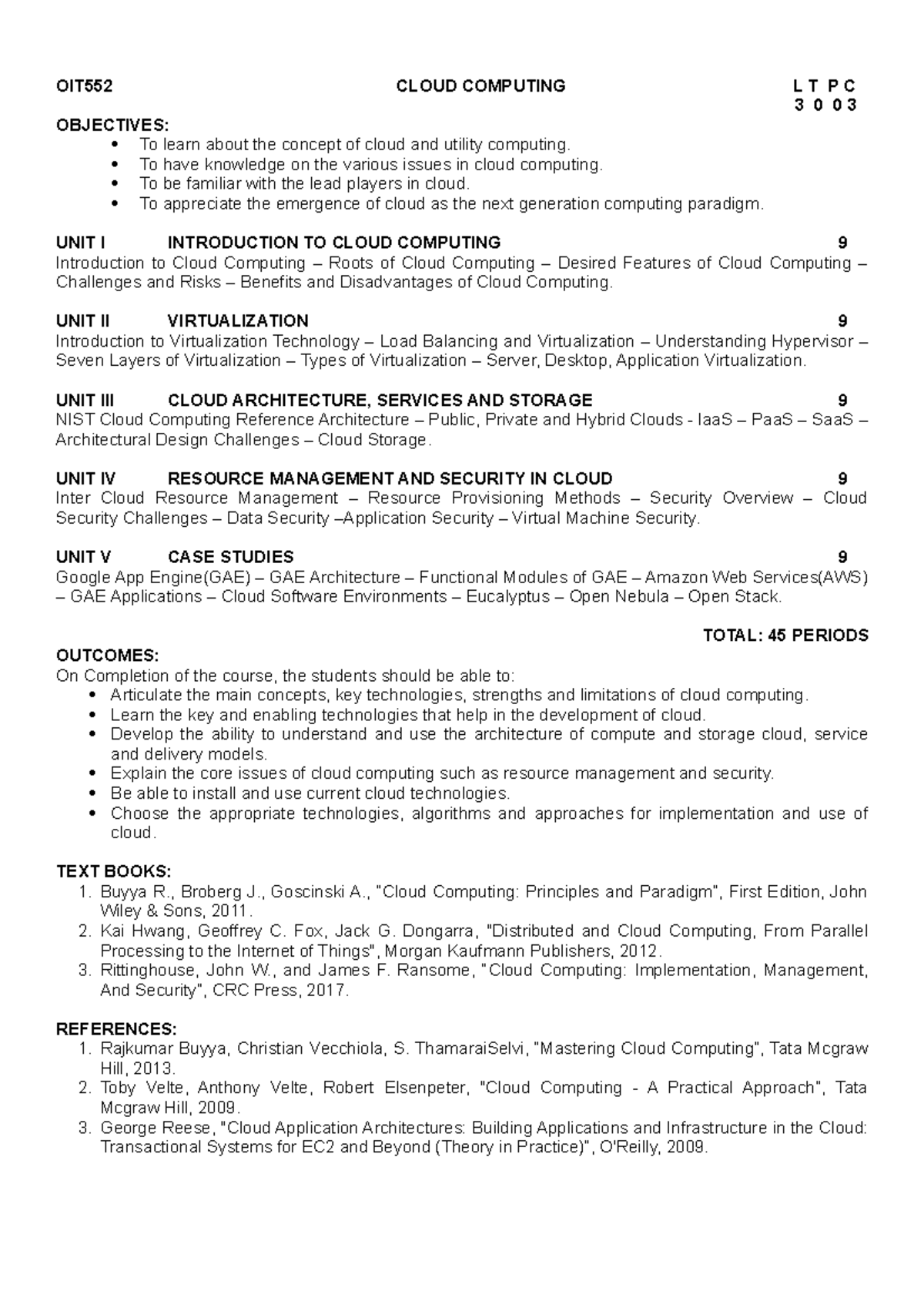 OIT552- Cloud Computing Syllabus - OIT552 CLOUD COMPUTING L T P C 3 0 0 ...