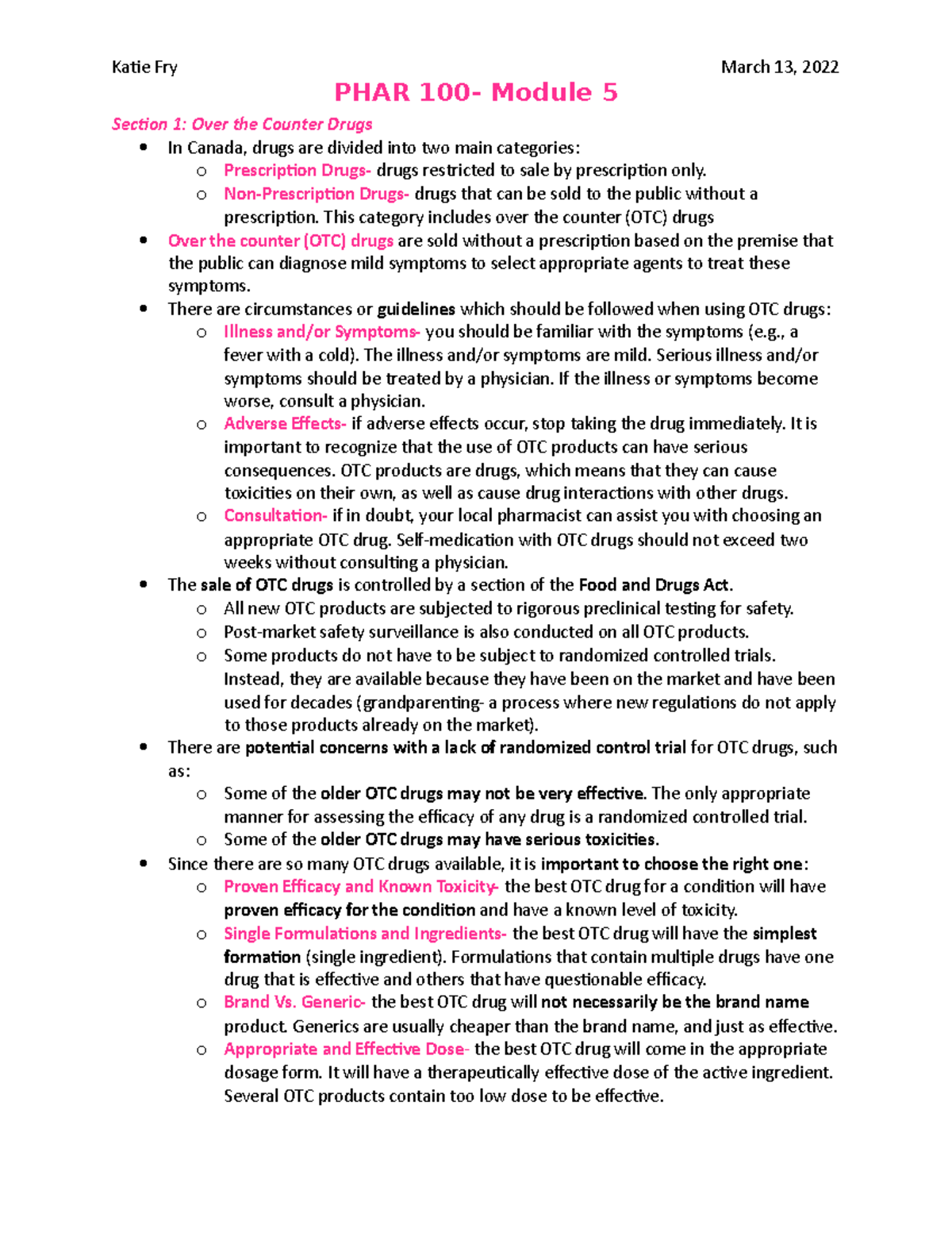 Module 5- PHAR 100 - PHAR 100- Module 5 Section 1: Over the Counter ...