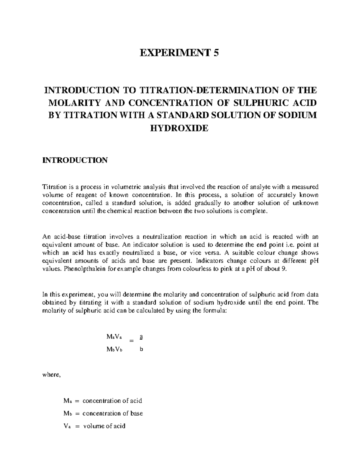 lab report Experiment 5 - Introduction TO Titration - EXPERIMENT 5 INTRODUCTION TO - Studocu