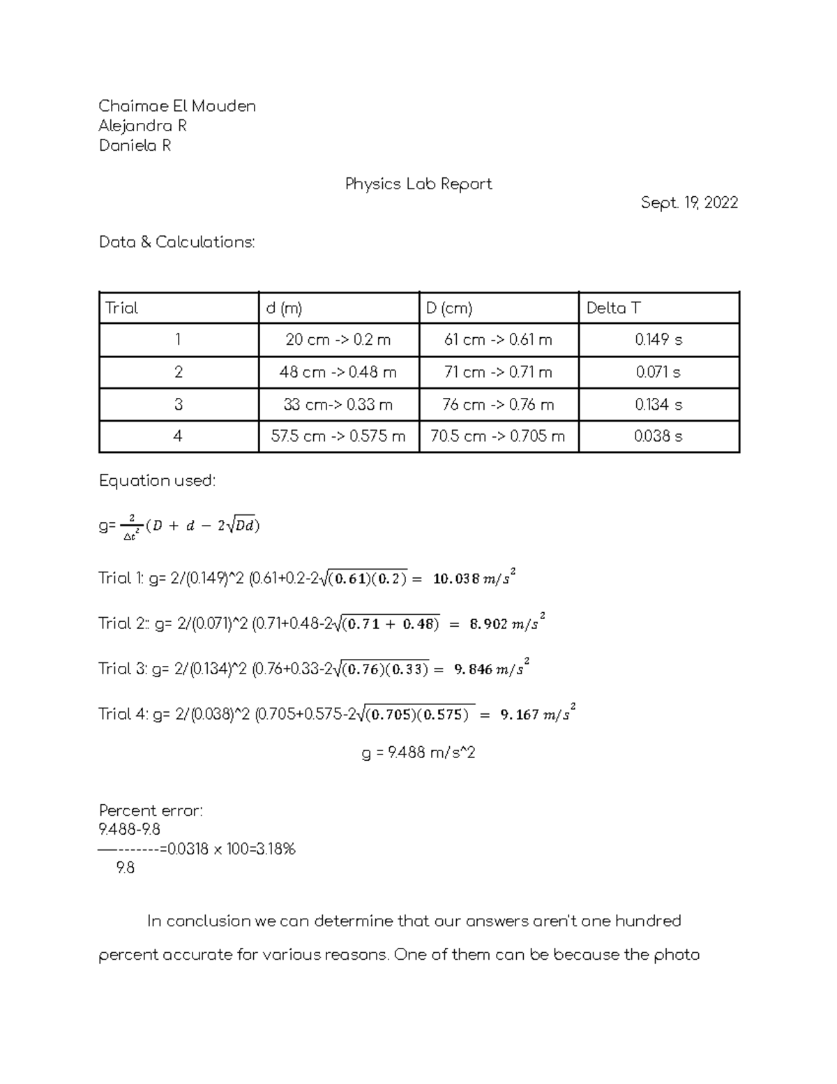 Physics lab report - Chaimae El Mouden Alejandra R Daniela R Physics ...