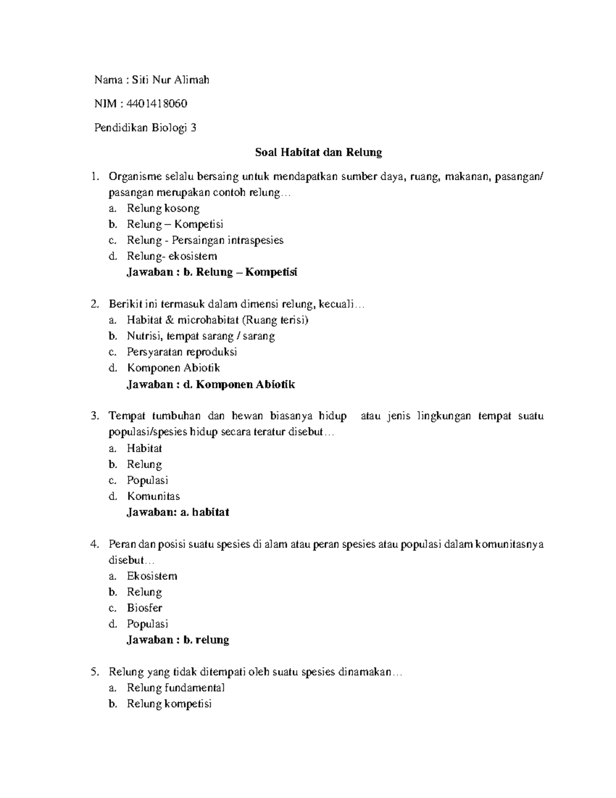 ekologi biologi - Nama : Siti Nur Alimah NIM : 4401418060 Pendidikan ...