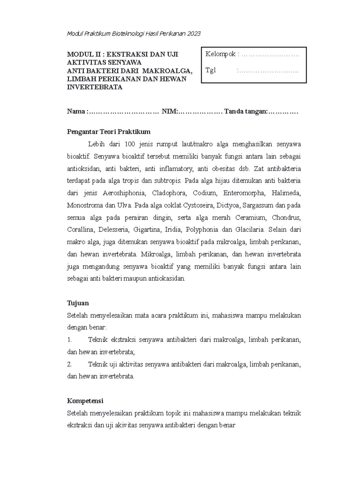 Modul II - MODUL II : EKSTRAKSI DAN UJI AKTIVITAS SENYAWA ANTI BAKTERI ...