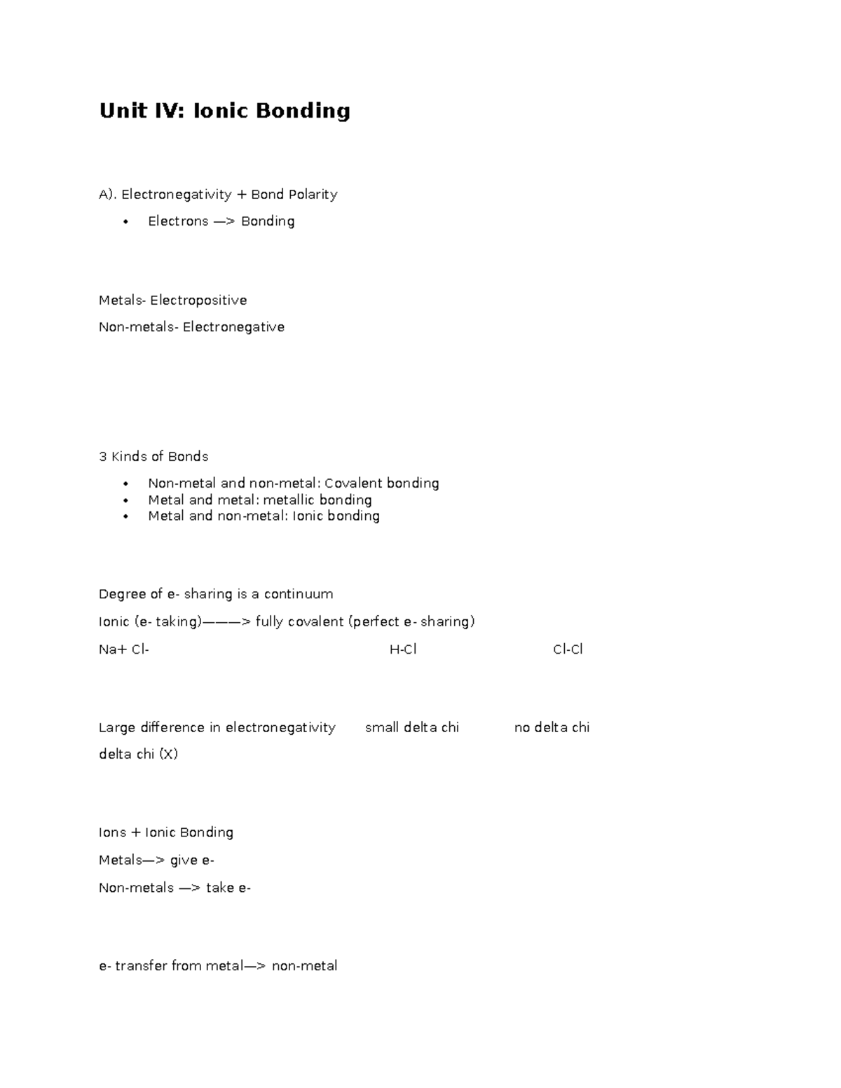 Unit IV Ionic Bonding CHEM103 - Unit IV: Ionic Bonding A ...