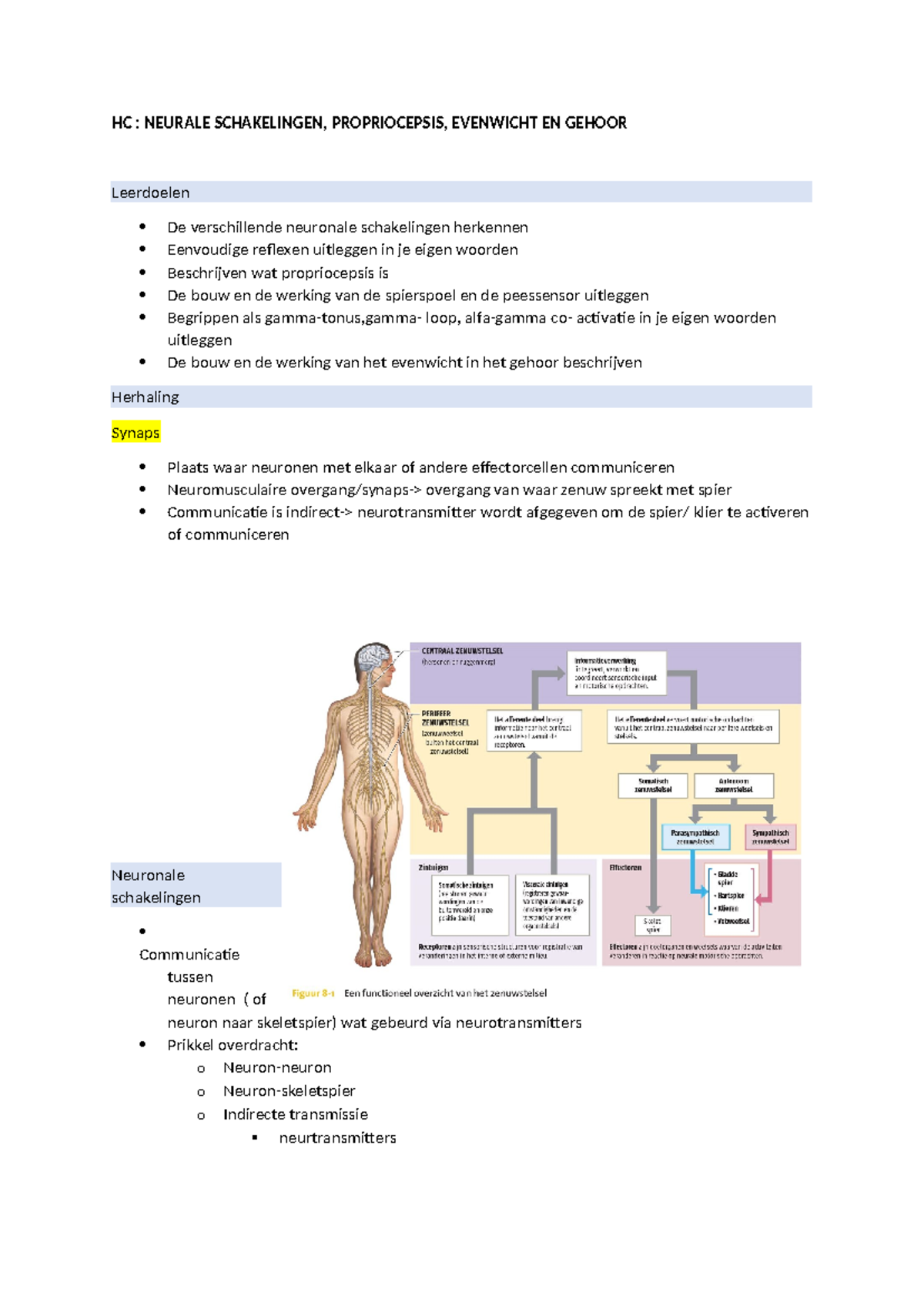 HC Neurale Schakelingen - HC : NEURALE SCHAKELINGEN, PROPRIOCEPSIS, EVENWICHT EN GEHOOR ...
