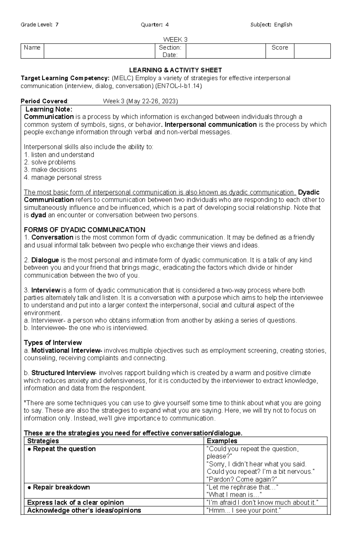 WEEK 3 Q4 LAS - Activity sheet - Grade Level: 7 Quarter: 4 Subject ...