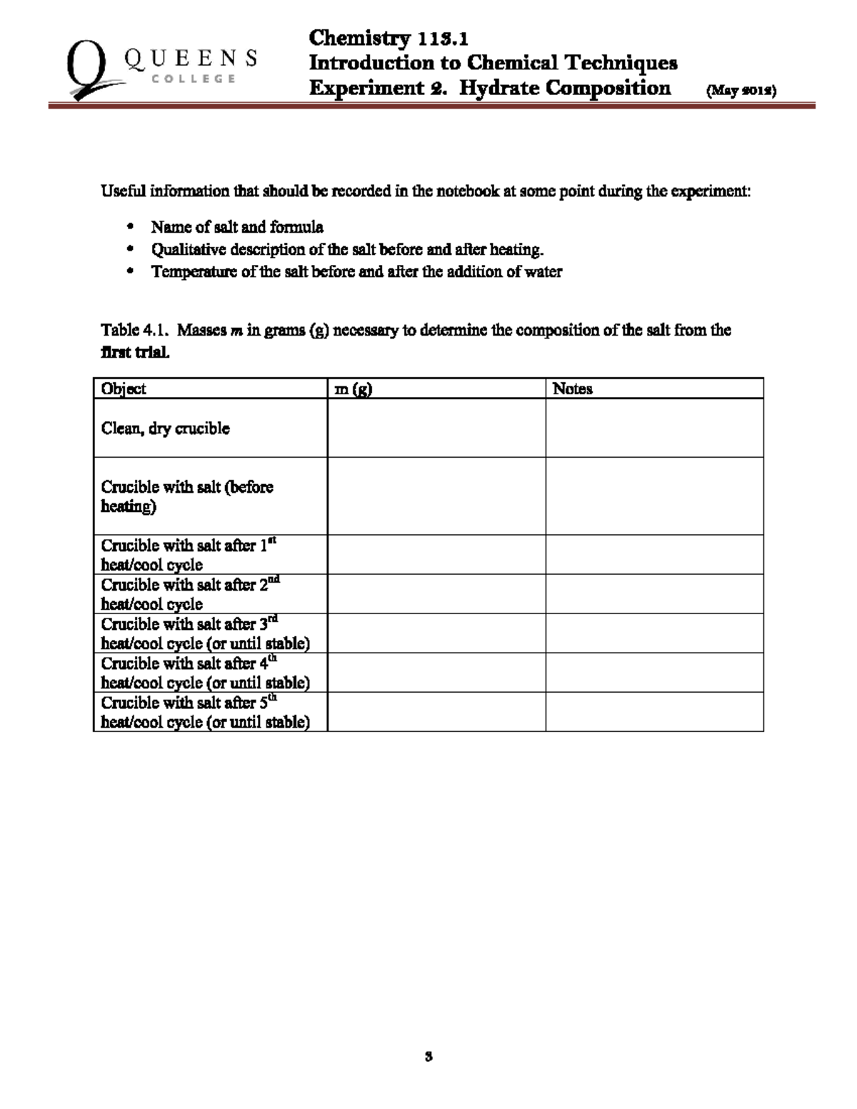 Lab 2 for chem lab - Chemistry 113 () 2 UEENS Introduction to Chemical Techniques Experiment 2 ...