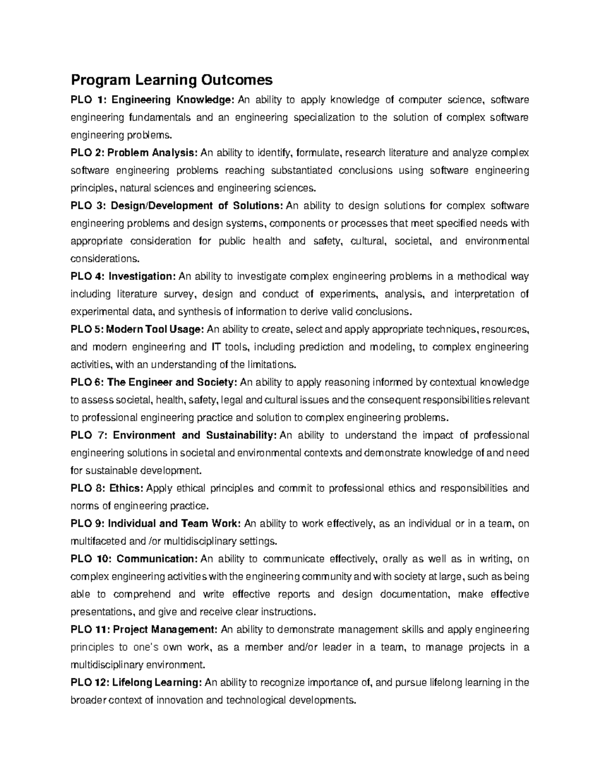 Quiz 1 Program Learning Outcomes - Program Learning Outcomes PLO 1 ...