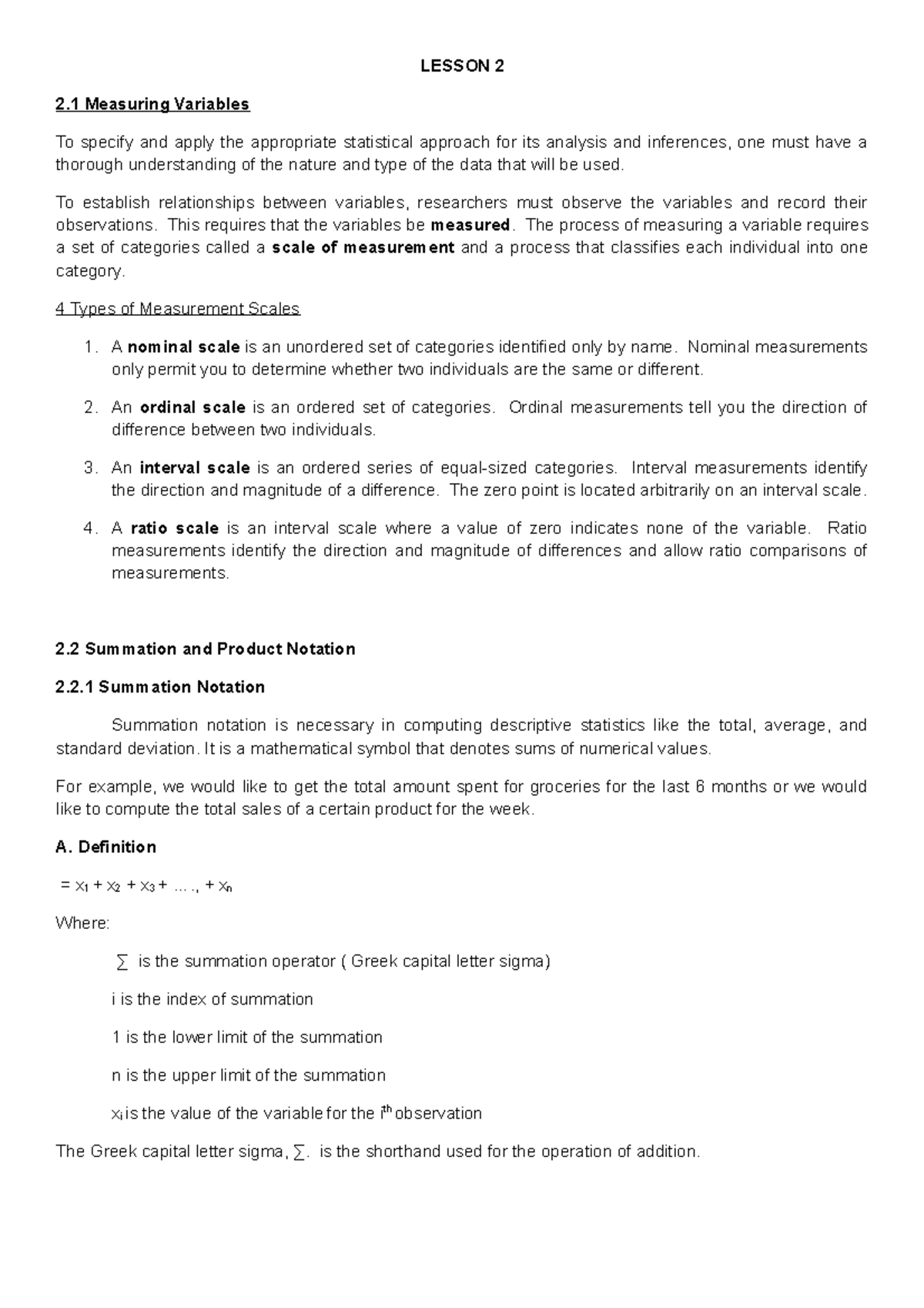 3. Lesson 2 Summation - LESSON 2 2 Measuring Variables To specify and ...