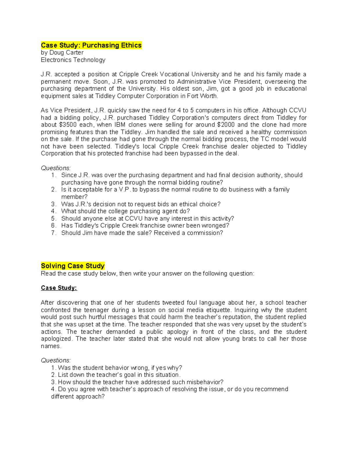 Case-Study-Assignment - Case Study: Purchasing Ethics by Doug Carter ...