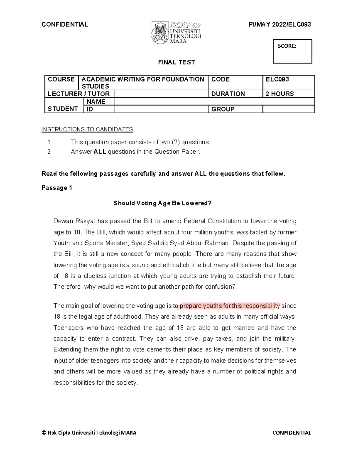 TEST Paper - Past year questions - FINAL TEST COURSE ACADEMIC WRITING ...
