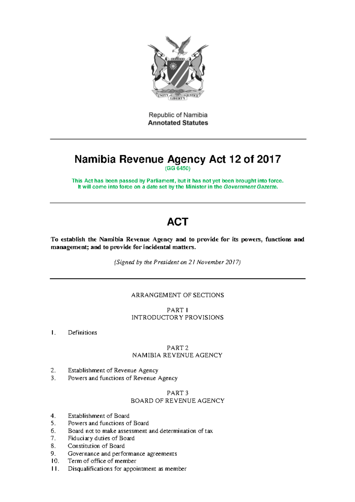 Nam RA Act - Summary Tax law - Namibia Revenue Agency Act 12 of 2017 ...