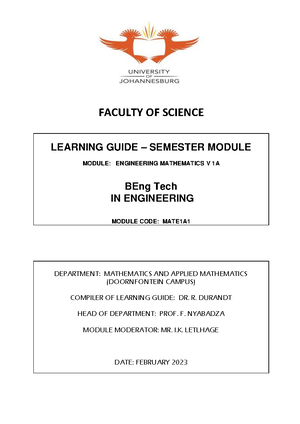 UJ - Engineering Mathematics 1A - Studocu