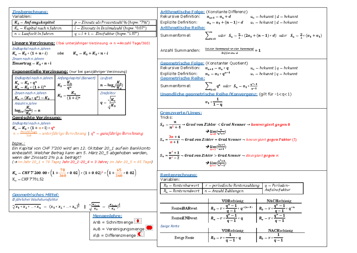 Formelsammlung - Mengenlehre: A∩B = Schnittmenge A∪B ...