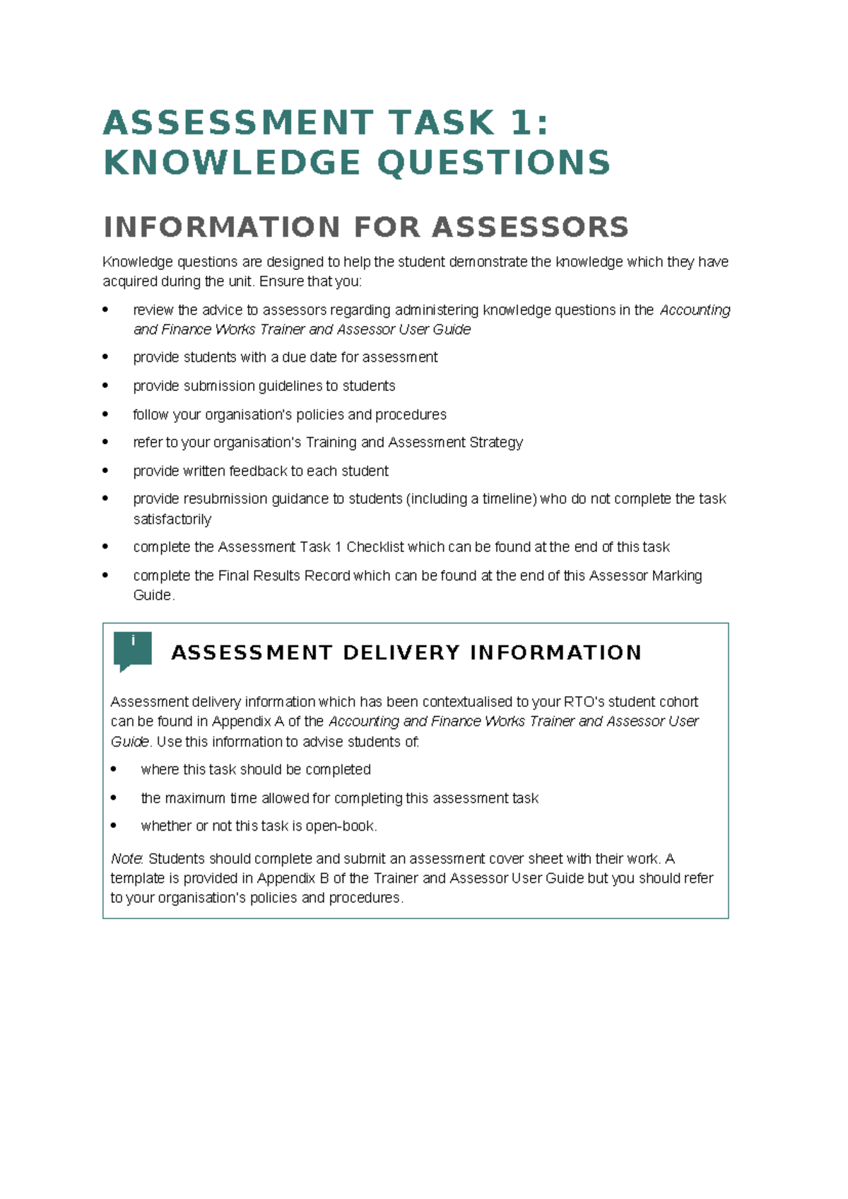 Assessment Task 1 Suggestion - ASSESSMENT TASK 1: KNOWLEDGE QUESTIONS ...