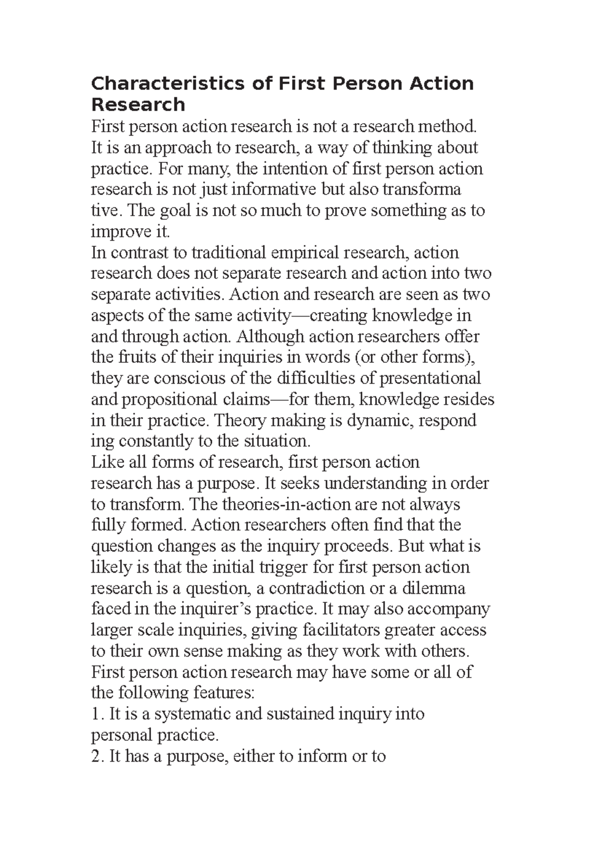 Characteristics of First Person Action Research - Characteristics of ...