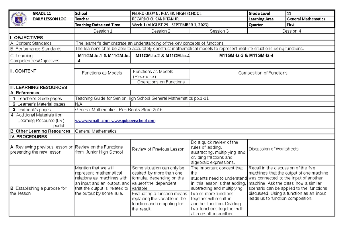Gen Math DLL Week1 - For References - GRADE 11 School PEDRO OLOY N. ROA ...